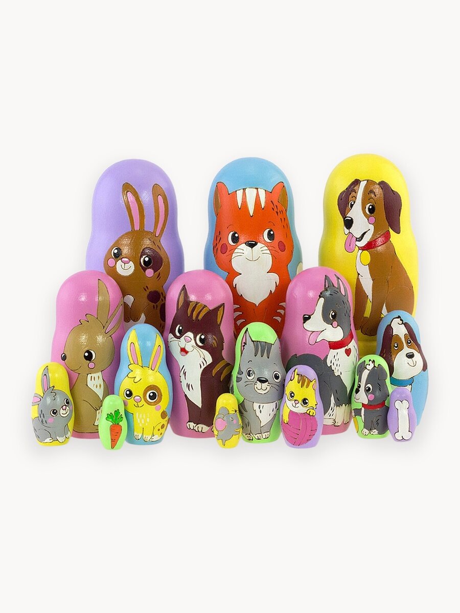 Матрешка деревянная Животные 10,5 см , игровой набор из трех пятикукольных матрешек, сортер для детей Ulanik