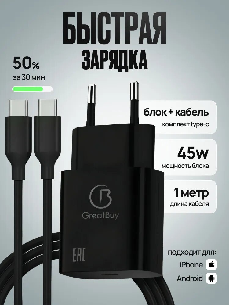Зарядное устройство 45W PD Adapter USB-C с кабелем Type-C / Зaрядка / Super Fast USB-C 45W + кабель 5A в комплекте / Быстрая зарядка Quick Charge / черное