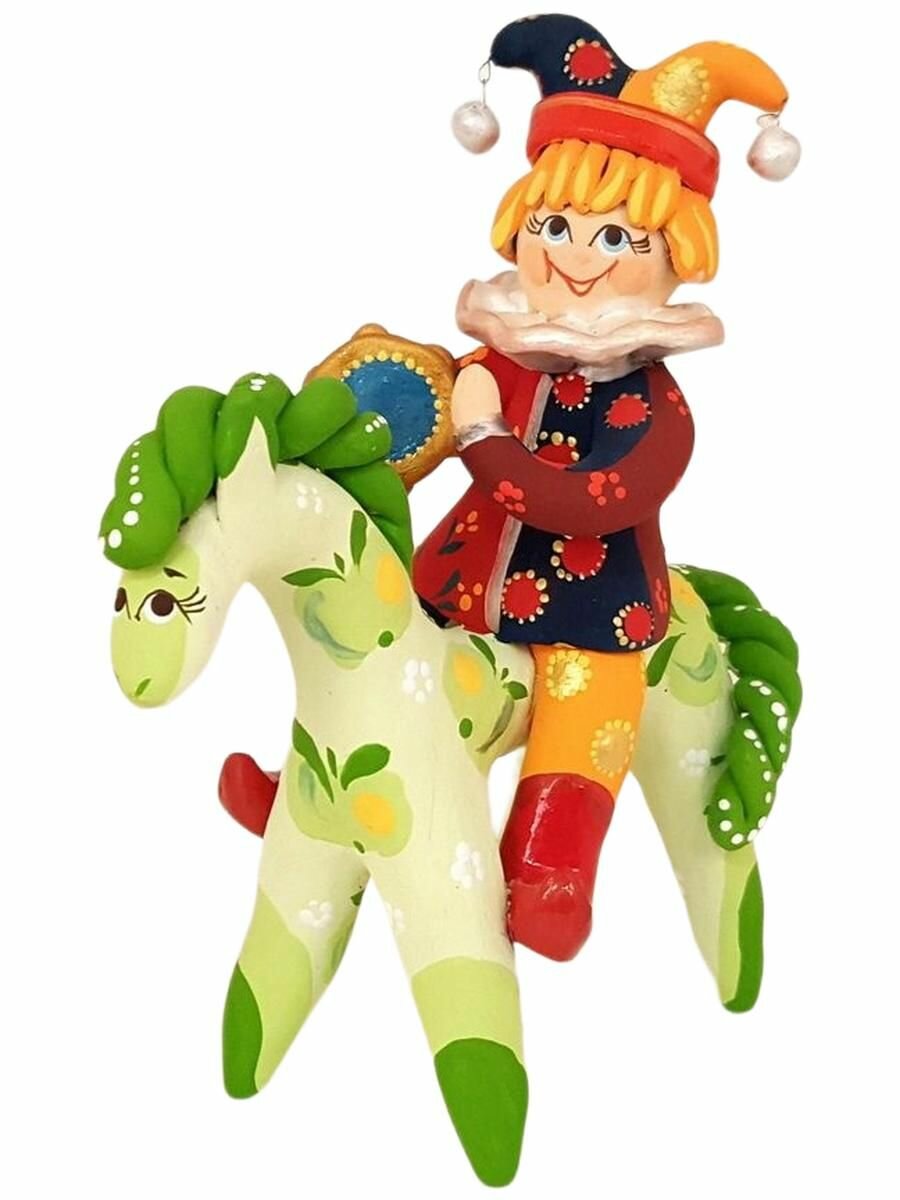 Всадник на коне - скоморох-1, Ковровская глиняная игрушка, ручная авторская работа