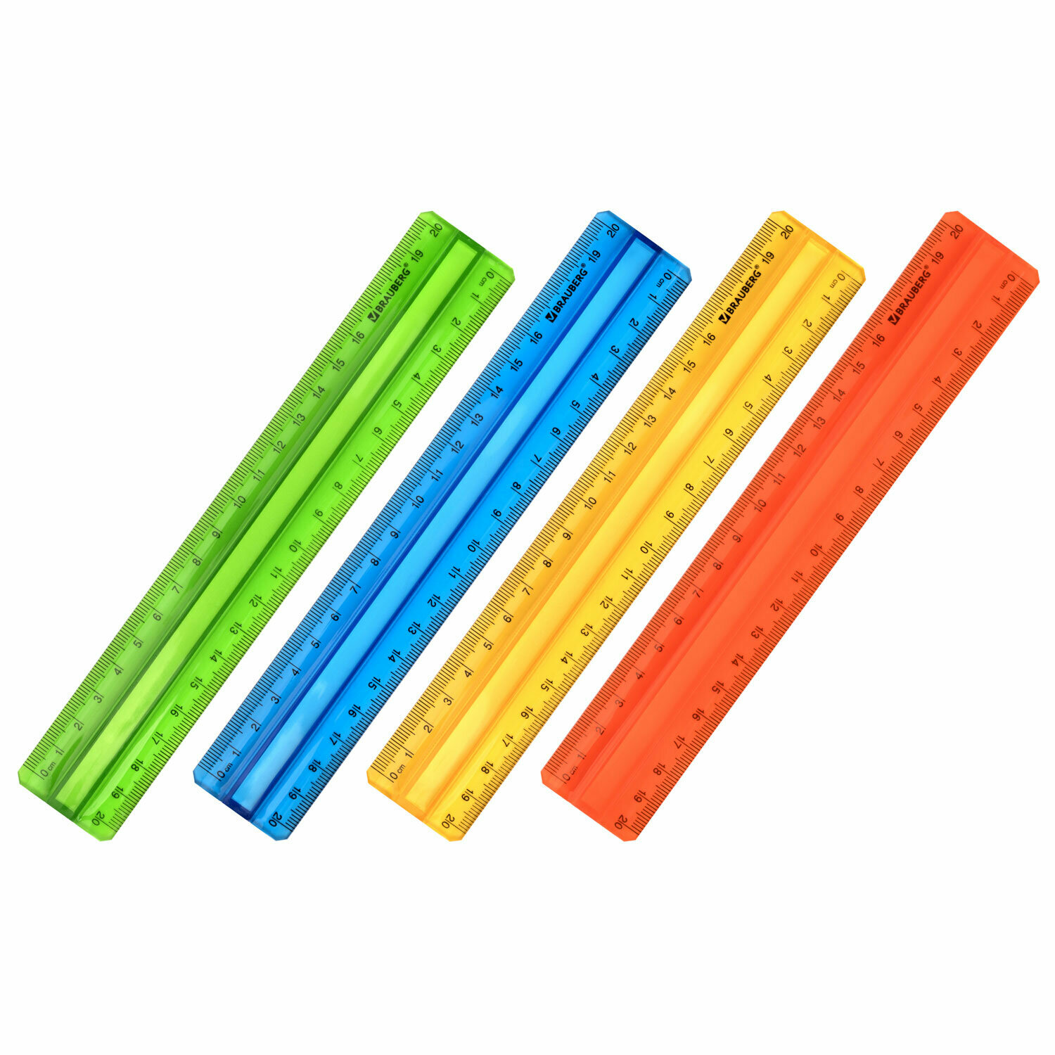 Линейка пластиковая 20 см, BRAUBERG, с держателем, прозрачная, неоновая, ассорти, 210834 (цена только за 1 шт.)