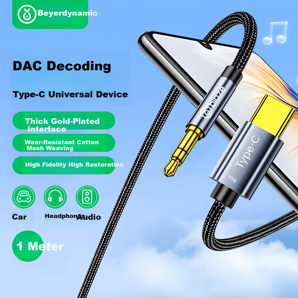 BIAZE DAC Decoding Aux Audio Cable Apple 16/15/Type-C to 3.5mm Adapter Cable for Xiaomi Huawei Apple 15 Phone Connecting Speaker Headphone Amplifier 1m