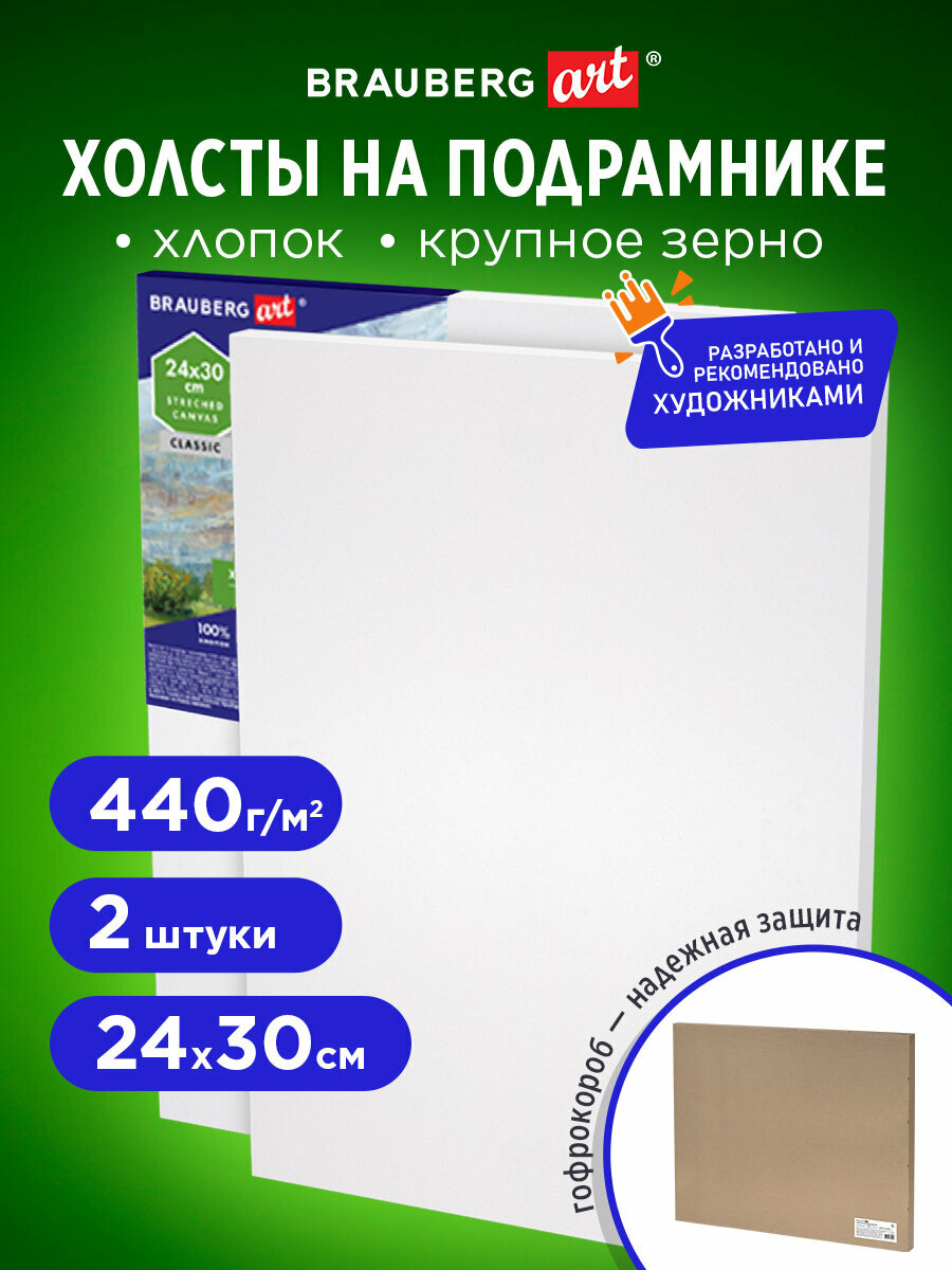 Холсты на подрамнике в коробе набор 2 шт. (24*30 см) 440 г/м2, грунт, 100% хлопок, BRAUBERG ART, 880336