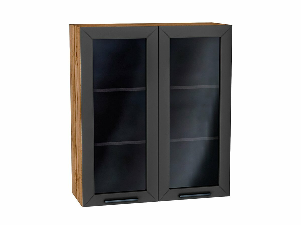 Шкаф верхний с 2-мя остекленными дверцами Глетчер, цвет фасада Маренго Силк, цвет каркаса Дуб Вотан, стекло Lacobel «Black», 920*800*318 мм