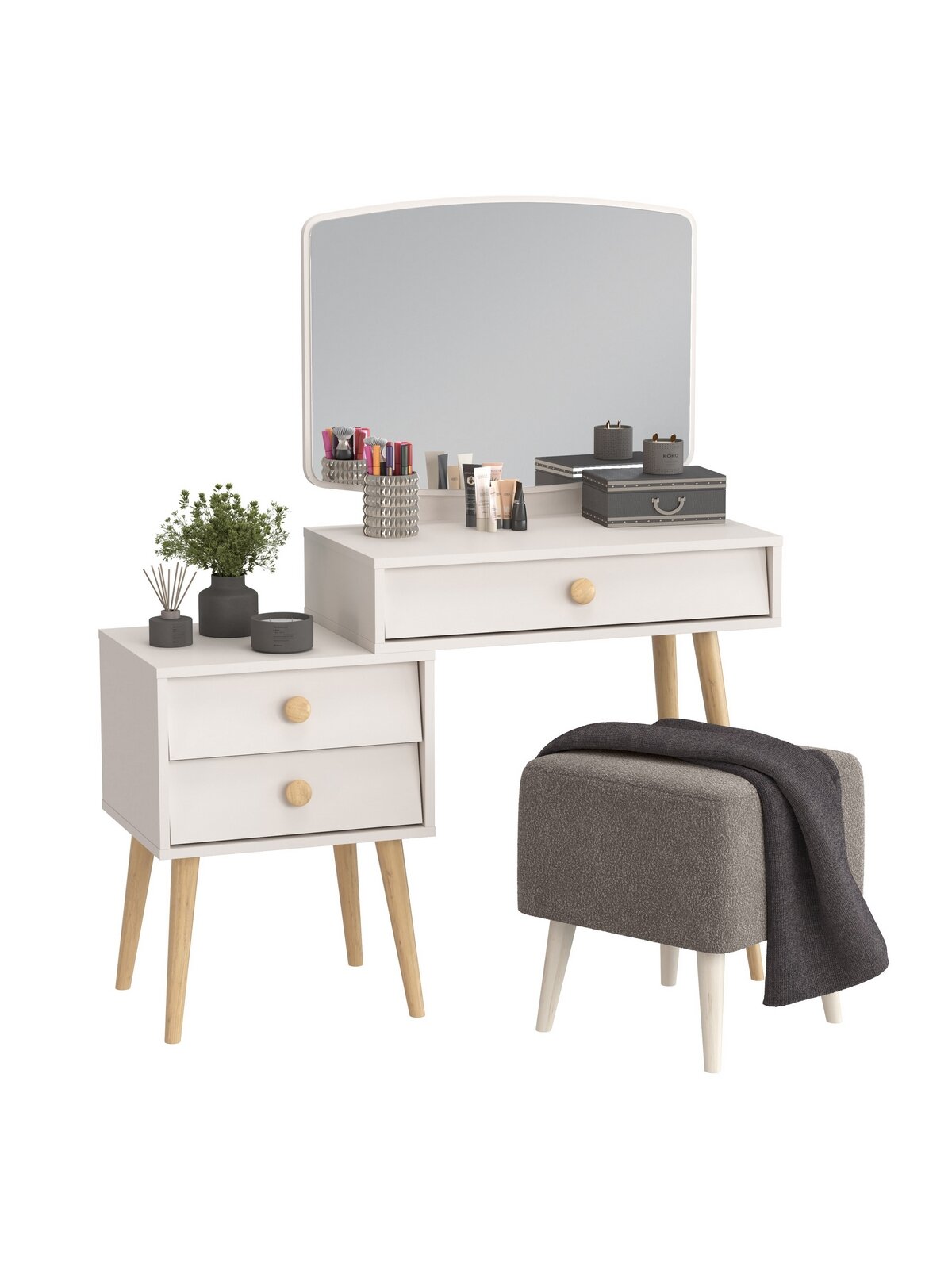 Трюмо для спальни Афина и банкетка квадратная Куби, кашемир серый/ткань серая, 105х38,6х129 + 41х41х45 см.