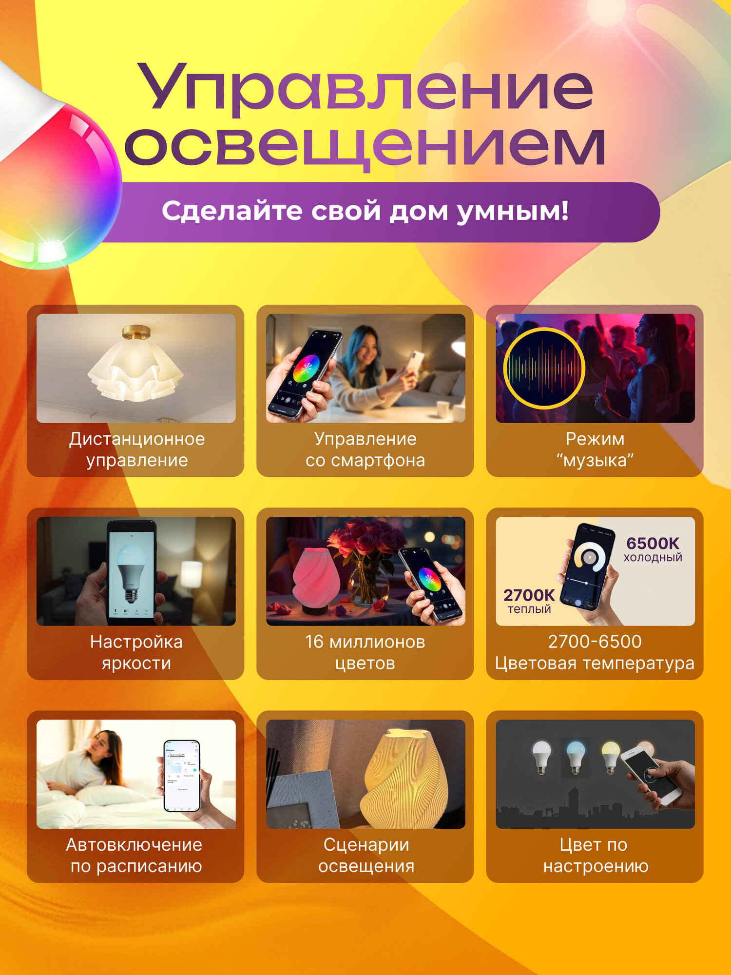 Bluetooth умная лампа RGB 9 Вт E27 цоколь , груша - 1 штука в коробке — фото 1