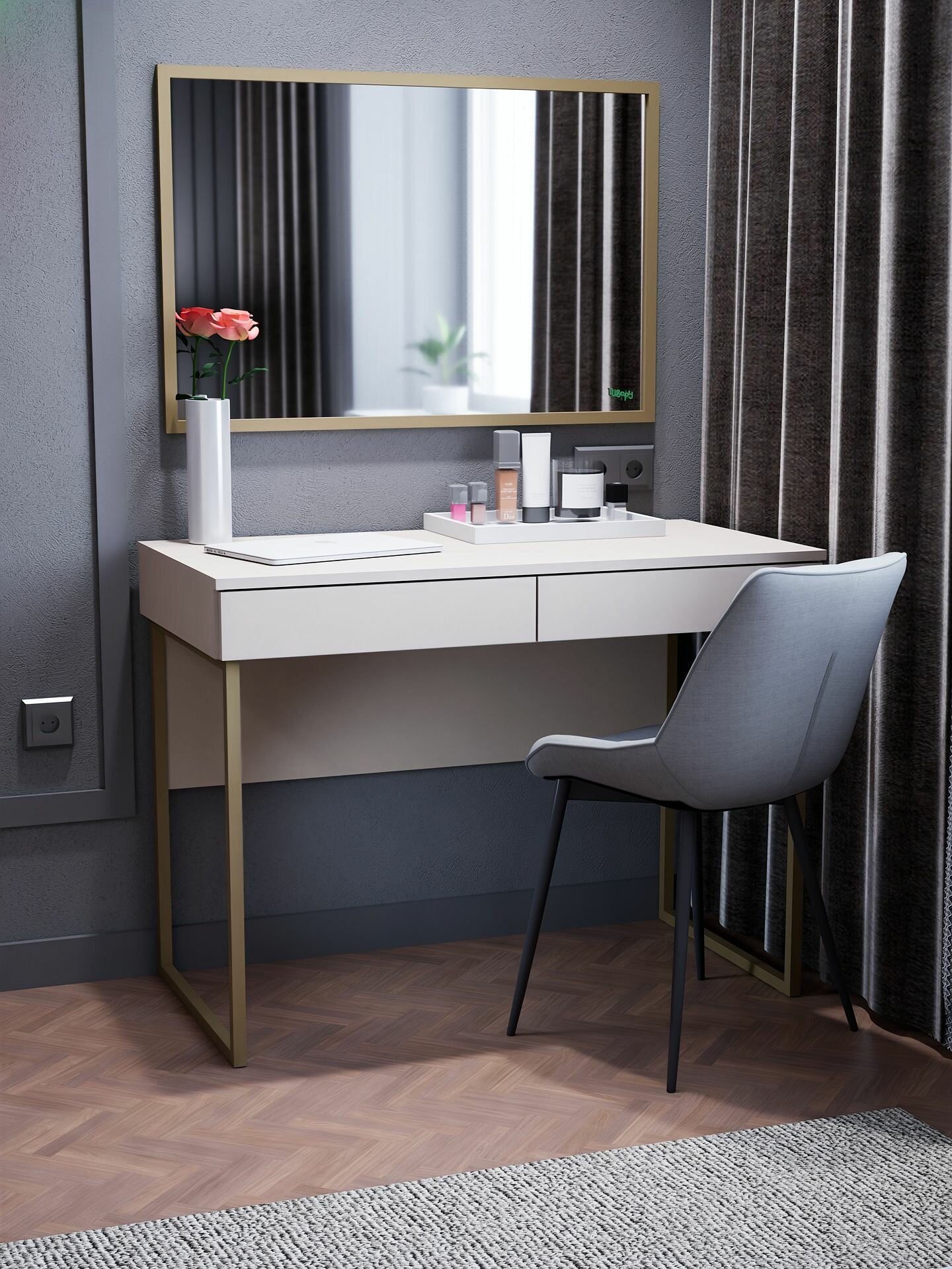 Письменный стол компьютерный с ящиками Николь 4 Ивару 100х52х75 см кашемир / сатиновое золото