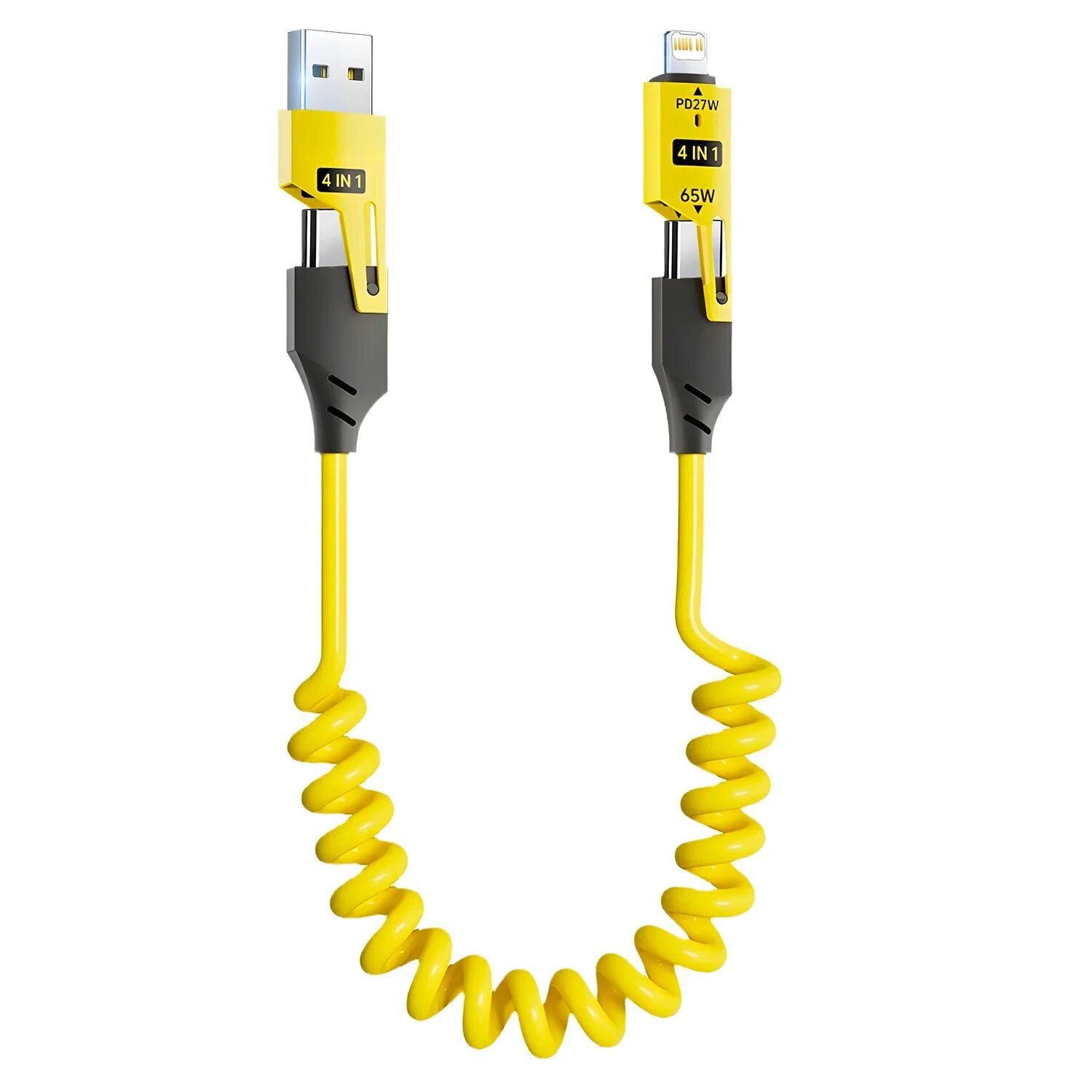 4 в 1, 65 Вт, пружинный короткий кабель для передачи данных, 6 А, USB Type C, пружинный телескопический провод для быстрого зарядного устройства для iPhone 16, 15, 14, 13, 12