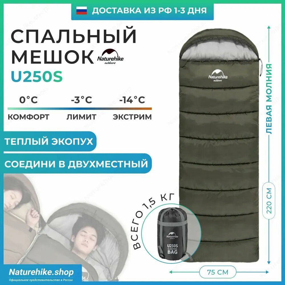 Спальный мешок Naturehike u250s, -14°C, 1,5 кг, зеленый, цепочка zola, можно превратить в двухместный спальный мешок