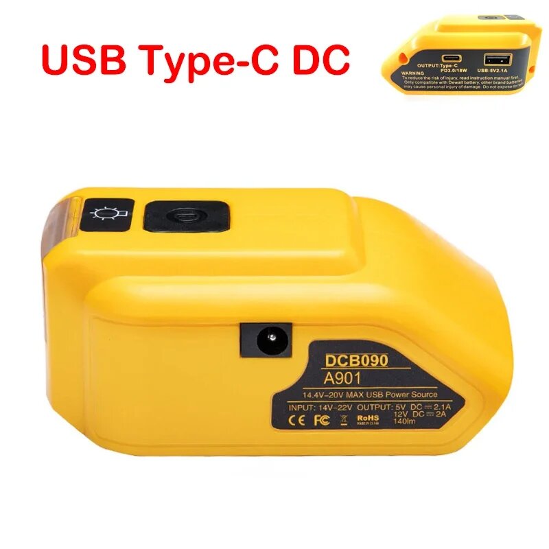 USB-адаптер IWP для аккумуляторов Dewalt 18-20 В с подсветкой USB Type-C DC