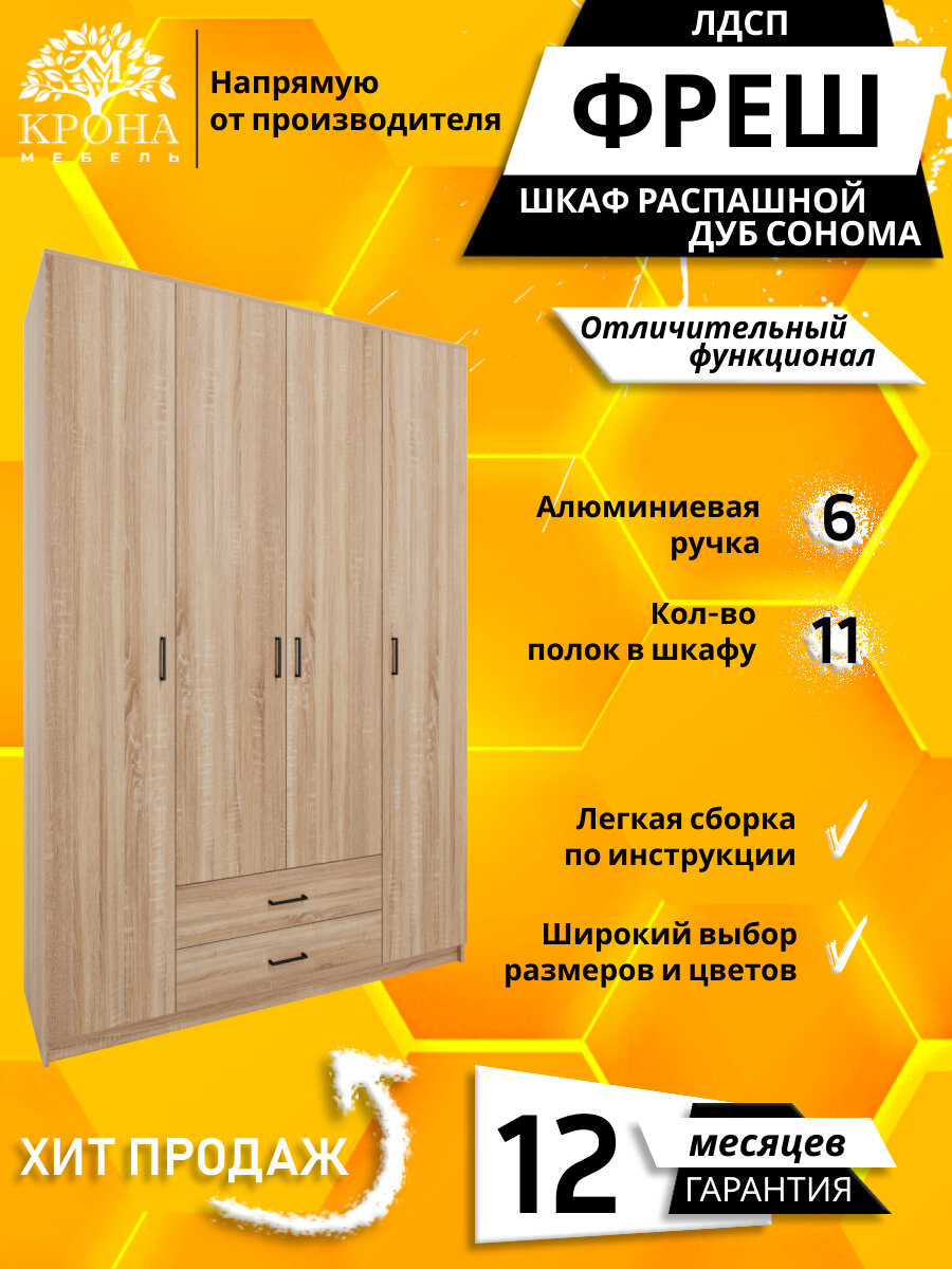 Шкаф для одежды распашной прямой Фреш-4-2, Дуб сонома, ящик, 1700x2000x400 мм, для белья