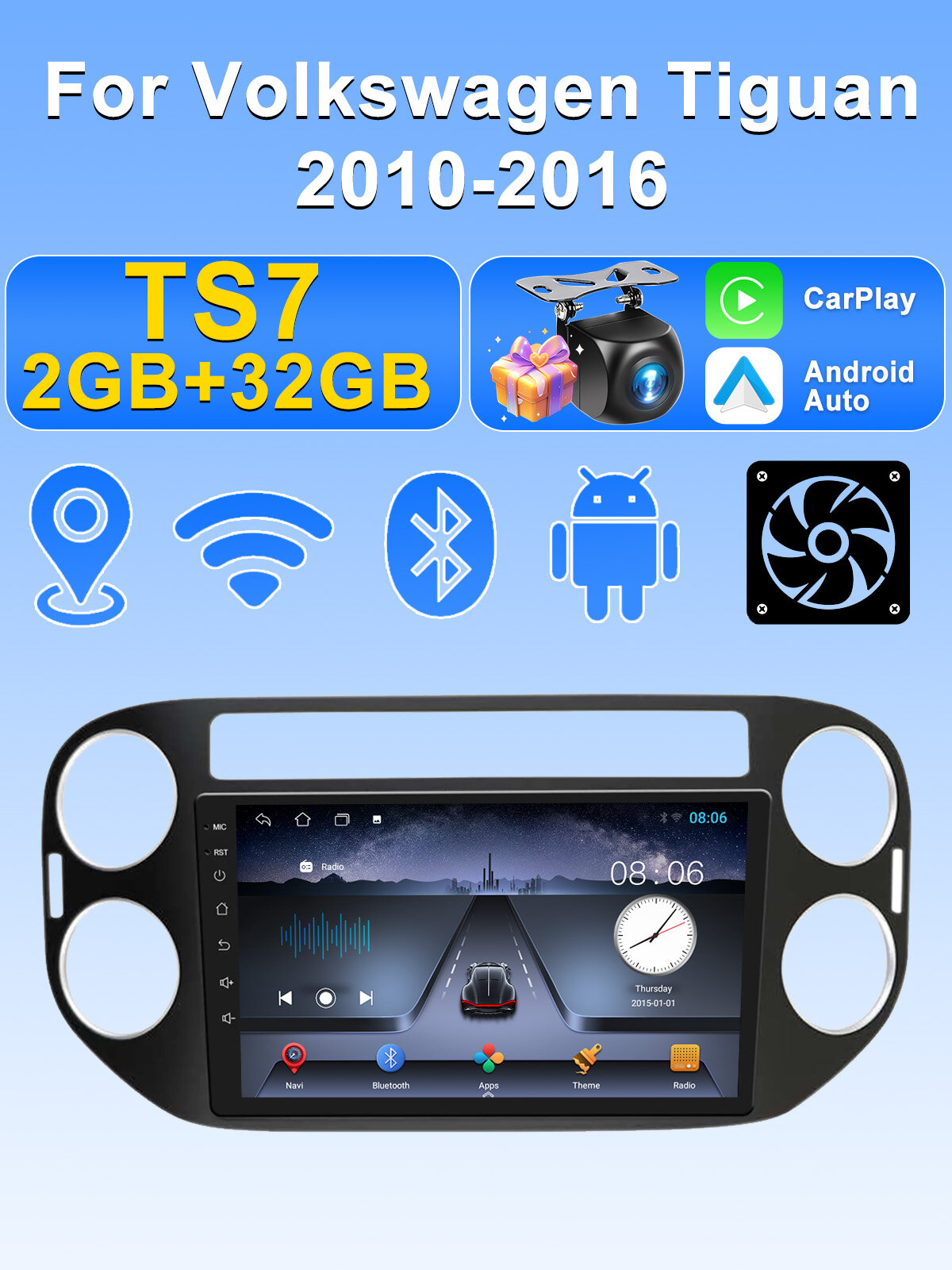 Магнитола для Volkswagen Tiguan 2010-2016 , Автомагнитола для Фольксваген Тигуан ,2din android 2+32G Мультимедиа Bluetooth FM WIFI Автомобильный