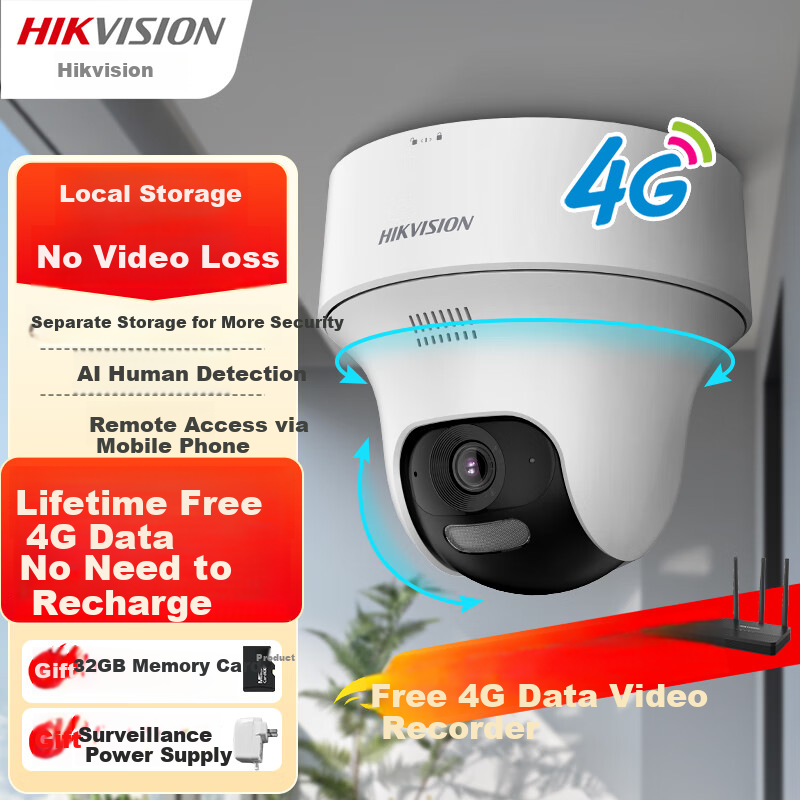 HIKVISION Hikvision 4G Lifetime Free Traffic Wireless Camera Kit with 360-Degree Panoramic Cloud Platform with 32GB Memory Card K44H-LWPT