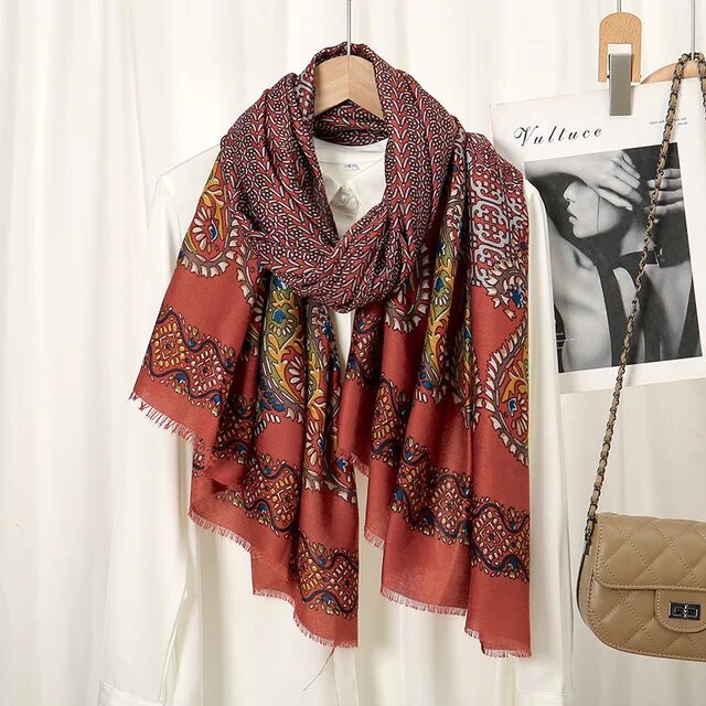 2025 зимняя вискозная шаль с ацтекской пейсли и цветочной бахромой, женский шарф высокого качества, палантин из пашмины, мусульманский хиджаб Bufandas 180*90 см