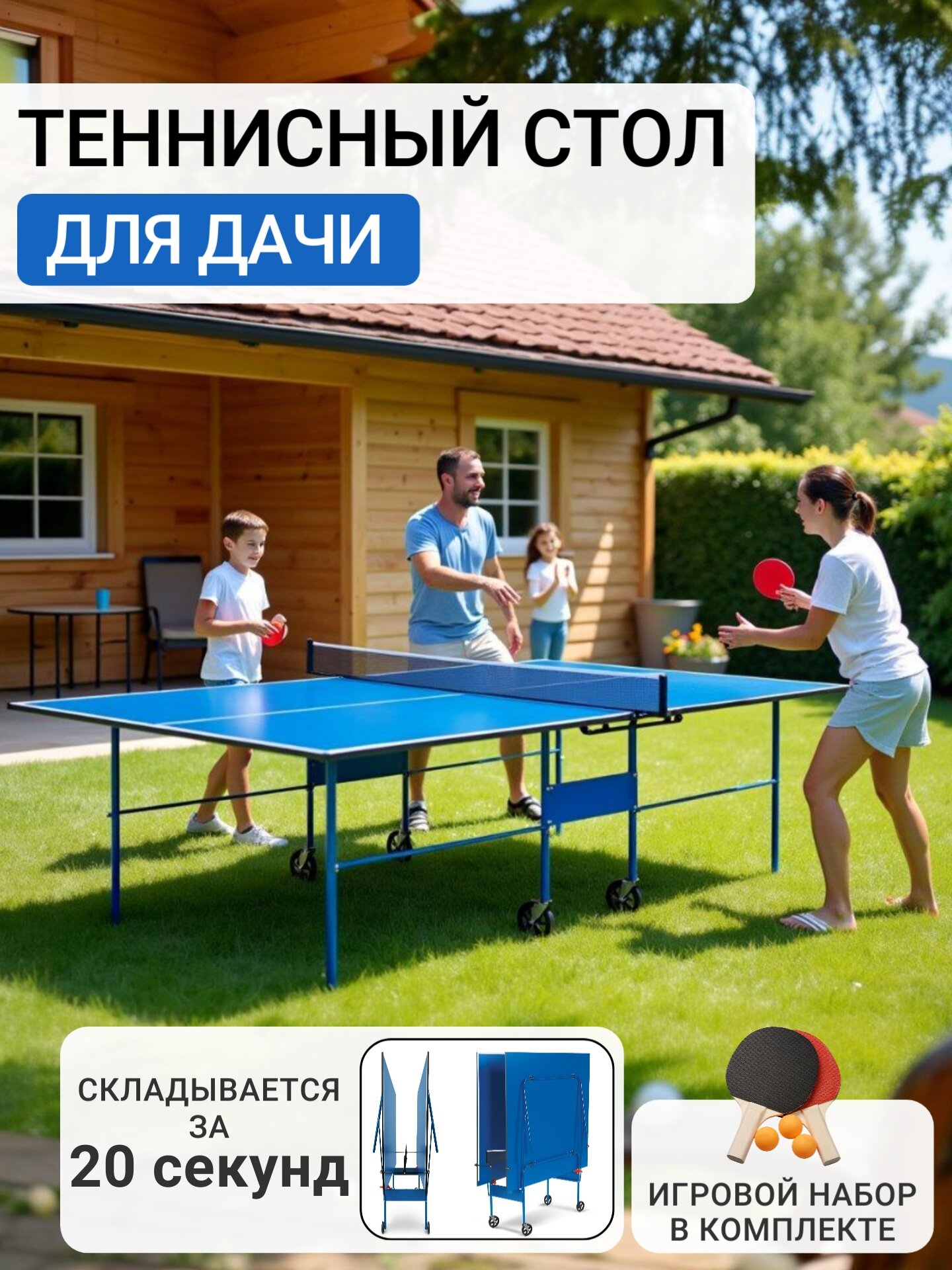 Теннисный стол складной для дачи, сетка, ракетки и мячи в комплекте