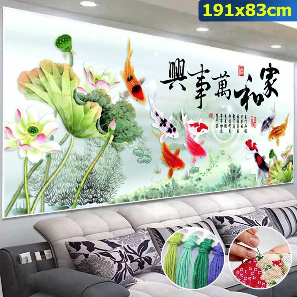 Вышивка крестом, наборы для вышивания крестиком, Рыба в пруду с лотосами, канва 191x83 см, полная зашивка, TIMRITO (без рамки)
