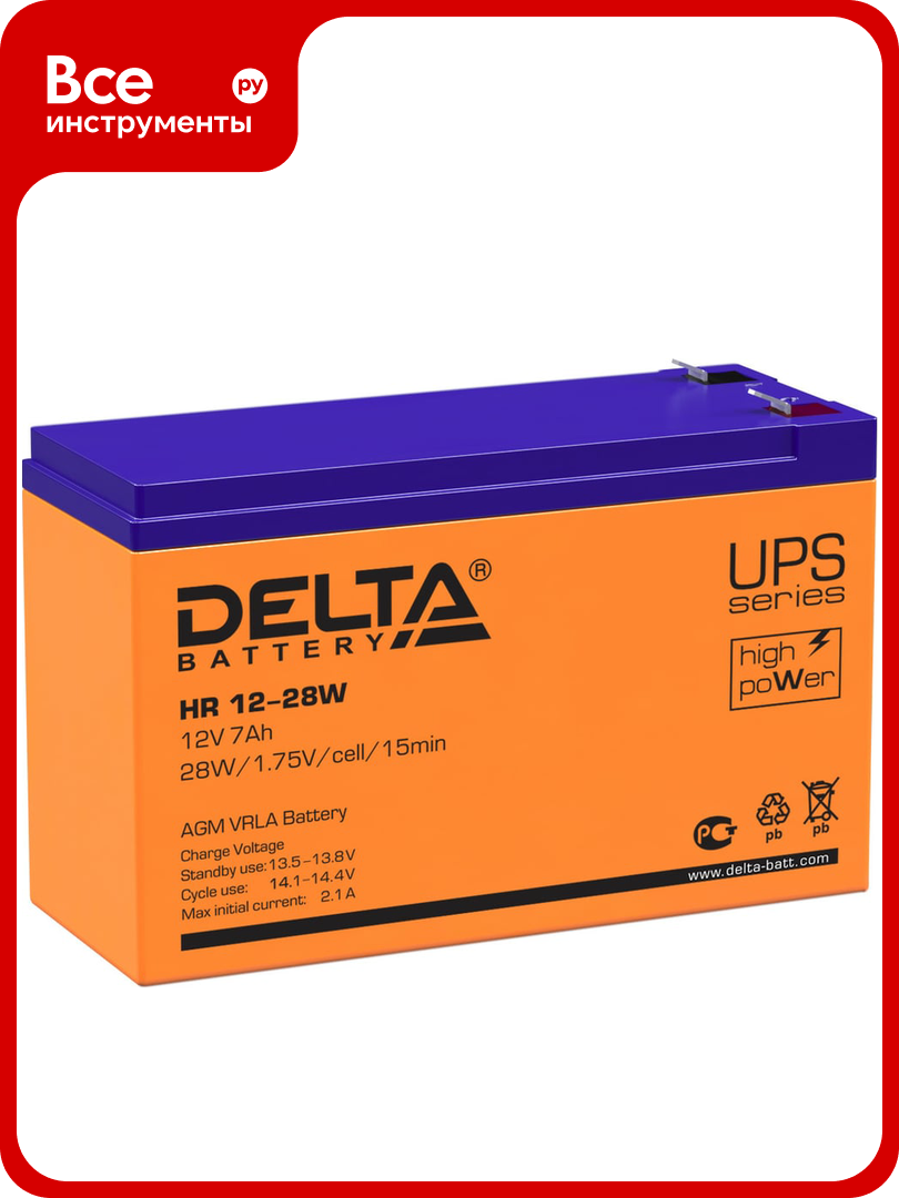 Батарея аккумуляторная Delta HR 12-28 W, огнестойкого пластика abs прямая полярность технология AGM