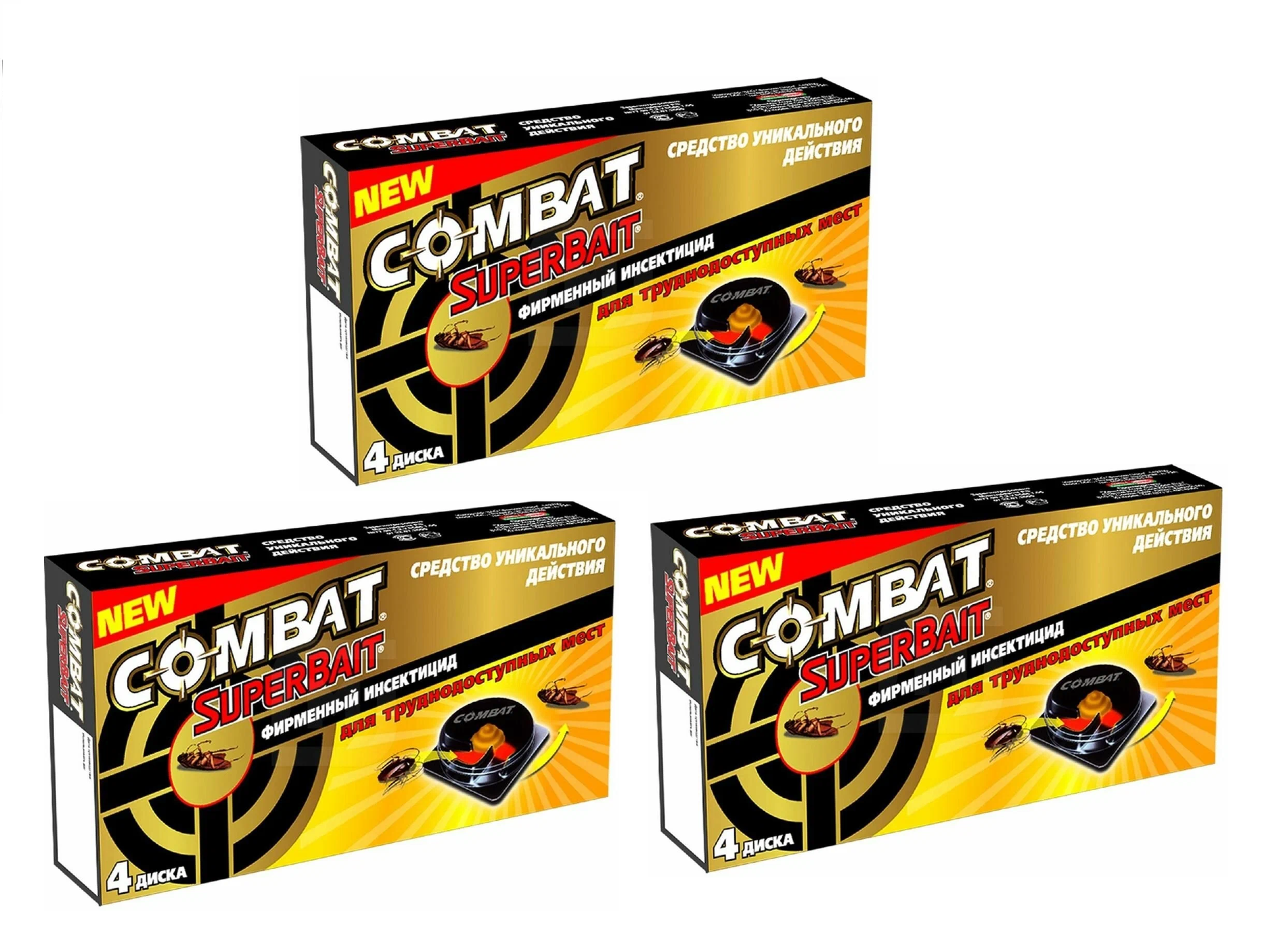 Средство от тараканов Combat Superbait ловушки с приманкой, отрава для насекомых, 12дисков: 3упаковкт по 4 шт.