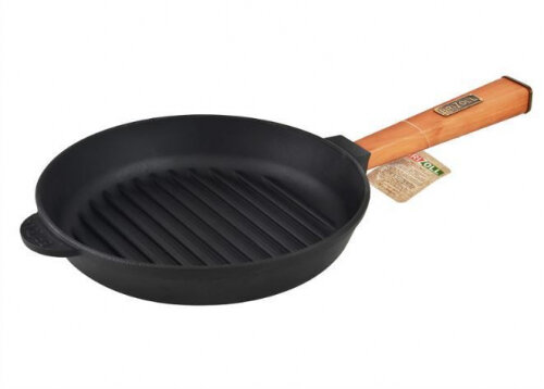 Сковорода-гриль Brizoll "оптима" 24 см, с деревянной ручкой, чугун (02440Г-Р)