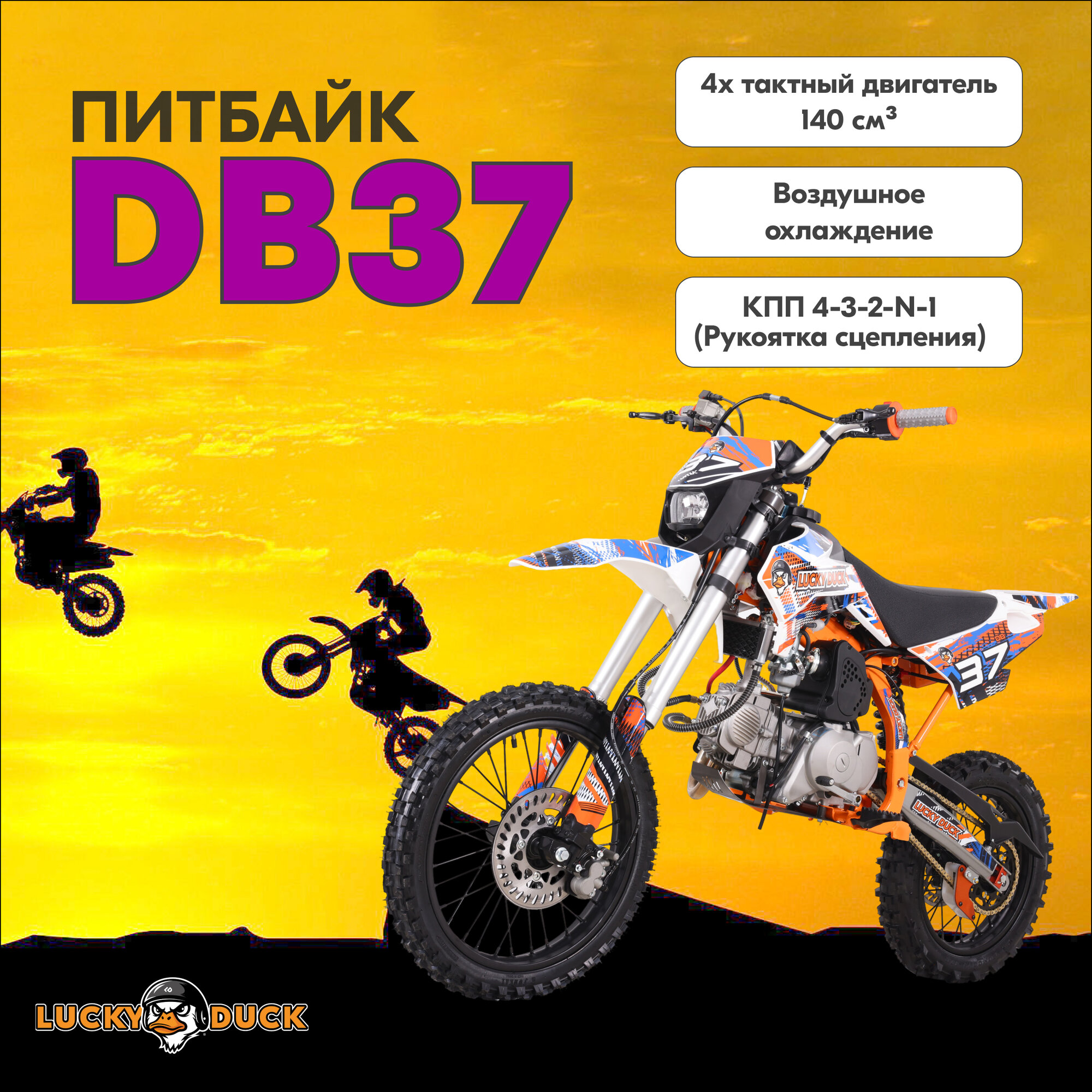 Внедорожный кроссовый мотоцикл Lucky Duck DB37 140 куб. см, МКПП, передние шины 70/100 - 17 задние 90/100 - 14