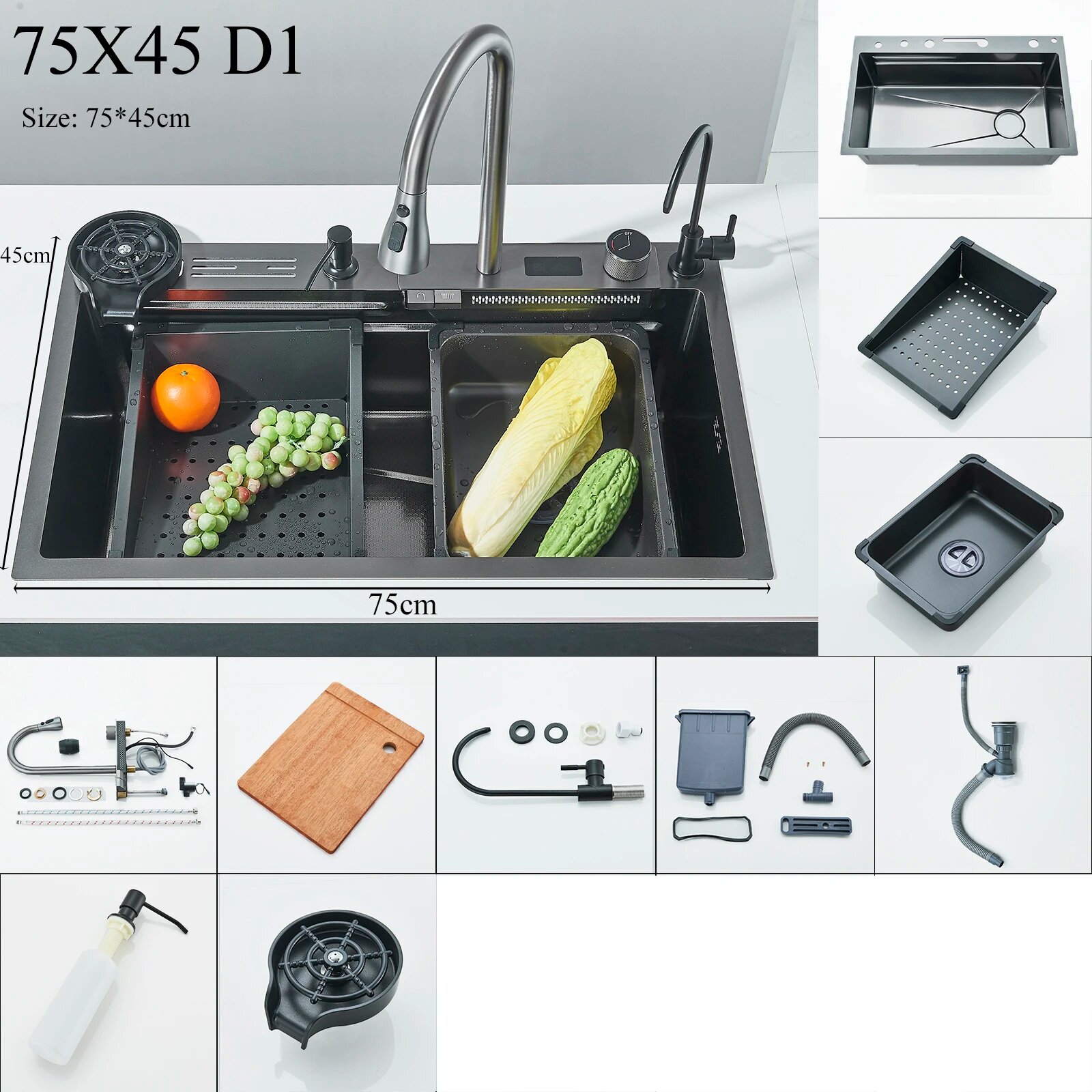 Набор кухонных раковин Shinesia из нержавеющей стали, большая одинарная раковина, раковина для посуды с краном с холодным и горячим управлением, 75X45 D1