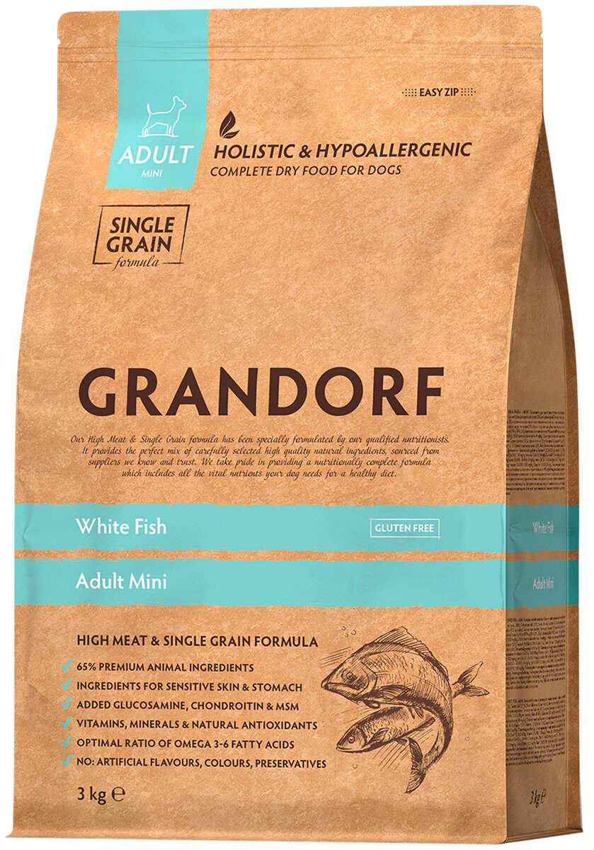 Сухой корм GRANDORF SINGLE GRAIN DOG ADULT MINI WHITE FISH, низкозерновой, для взрослых собак маленьких пород, с белой рыбой, 3 кг
