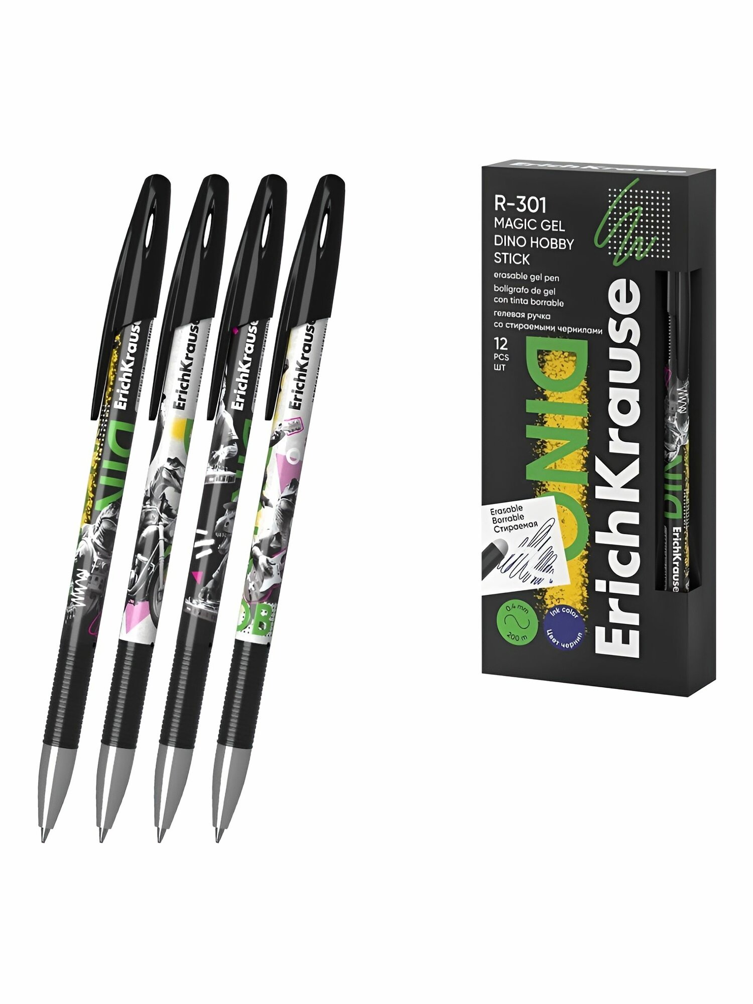 Комплект: 3 ручки сo стираемыми чернилами Erich Krause R-301 Magic Gel Stick Dino Hobby 0.5, цвет чернил синий