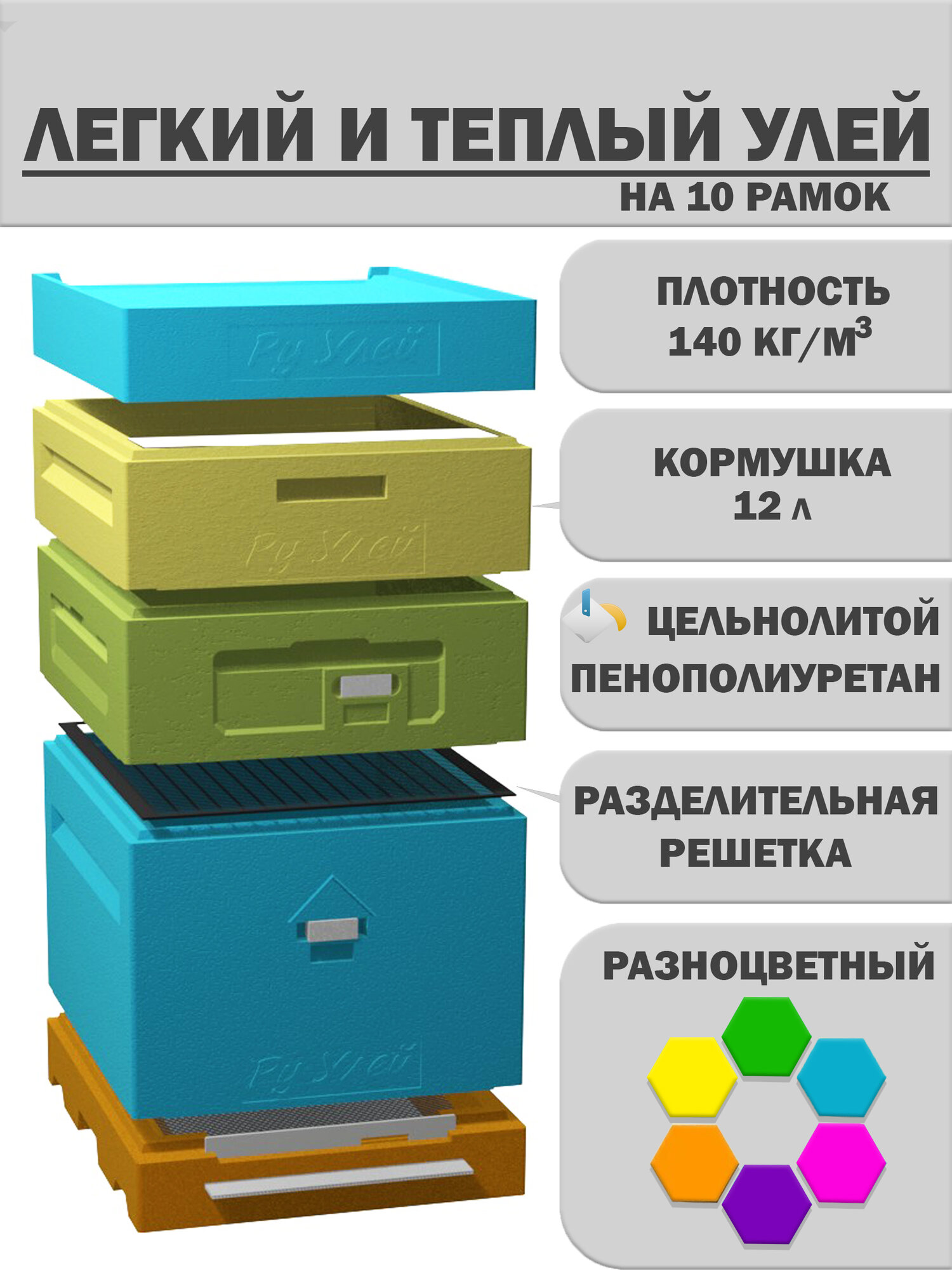Улей Ру Улей, для пчел, ППУ, 10 рам, Дадан, комплект + магазин + кормушка