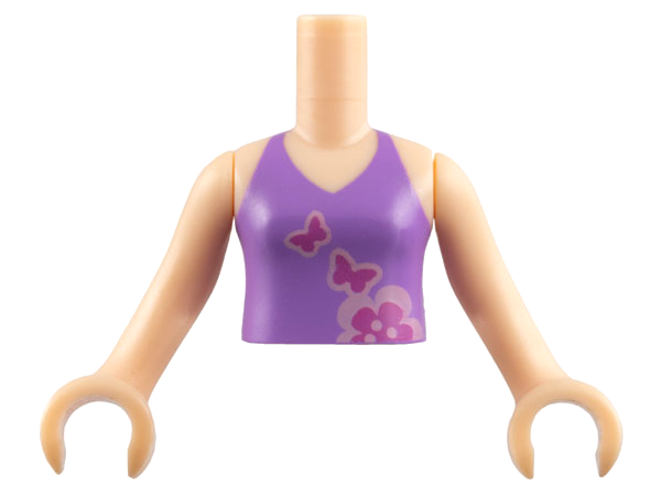 Torso Mini Doll Girl Medium Lavender Halter Top with Dark Pink Butterflies and Flower Pattern, Light Nougat Arms with Hands, FTGpb007c01 Light nougat U