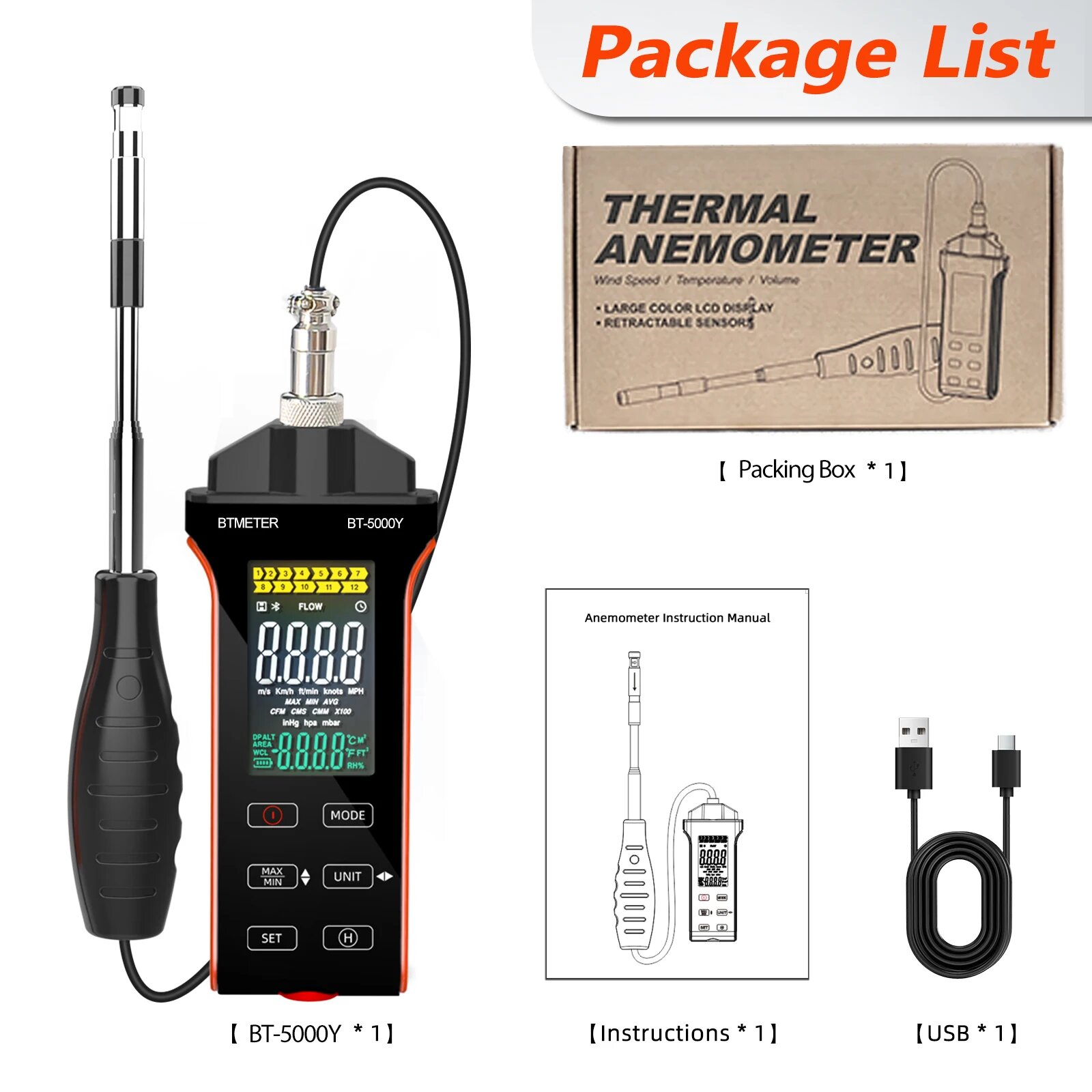 Ручной анемометр с горячей проволокой, с измерением температуры и воздушного потока, выдвижным цифровым анемометром, скоростью ветра (0,1-30 м/с)