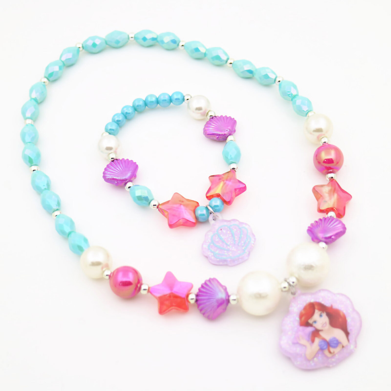 Комплект ожерелья и браслета из бисера в форме звезды для девочек, детские комплекты ювелирных изделий в подарок на день рождения, блестящая подвеска и подвеска