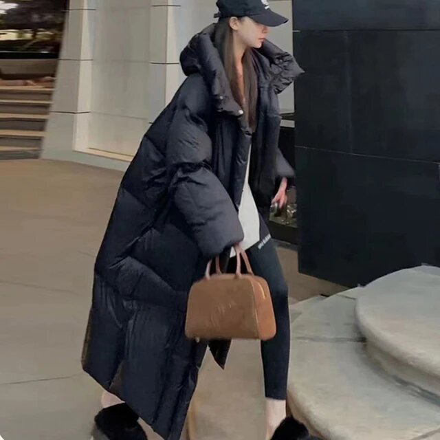 MOOCIE Зимняя однотонная длинная женская куртка-пуховик с капюшоном, толстая теплая парка для отдыха на открытом воздухе, женская свободная куртка длиной до колена из белого утиного пуха