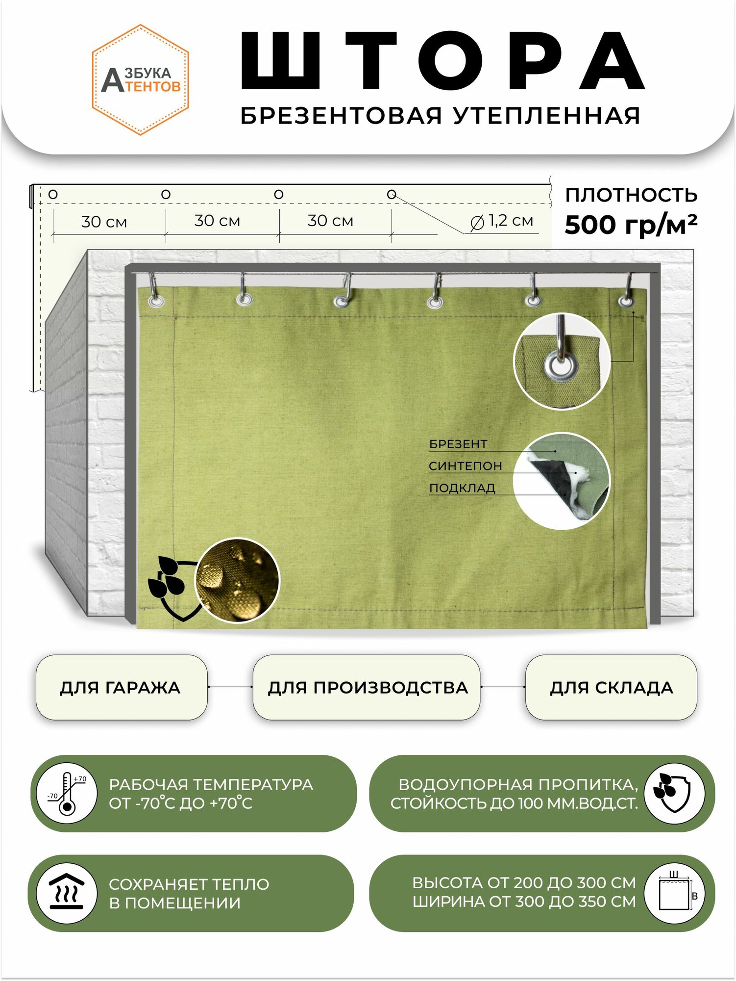 Штора в гараж брезентовая утепленная с люверсами с водоотталкивающей пропиткой 200х120, полог для гаража, завеса