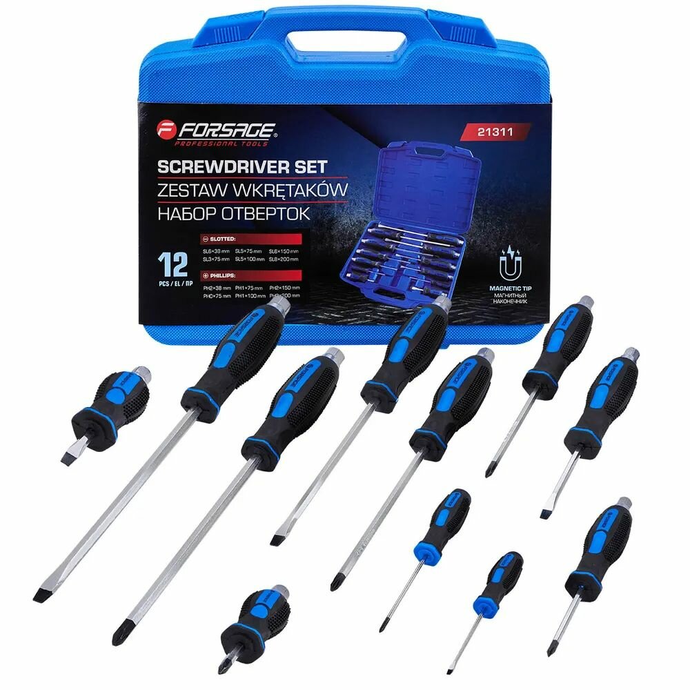 Отвертки ударные, набор 12 предметов FORSAGE