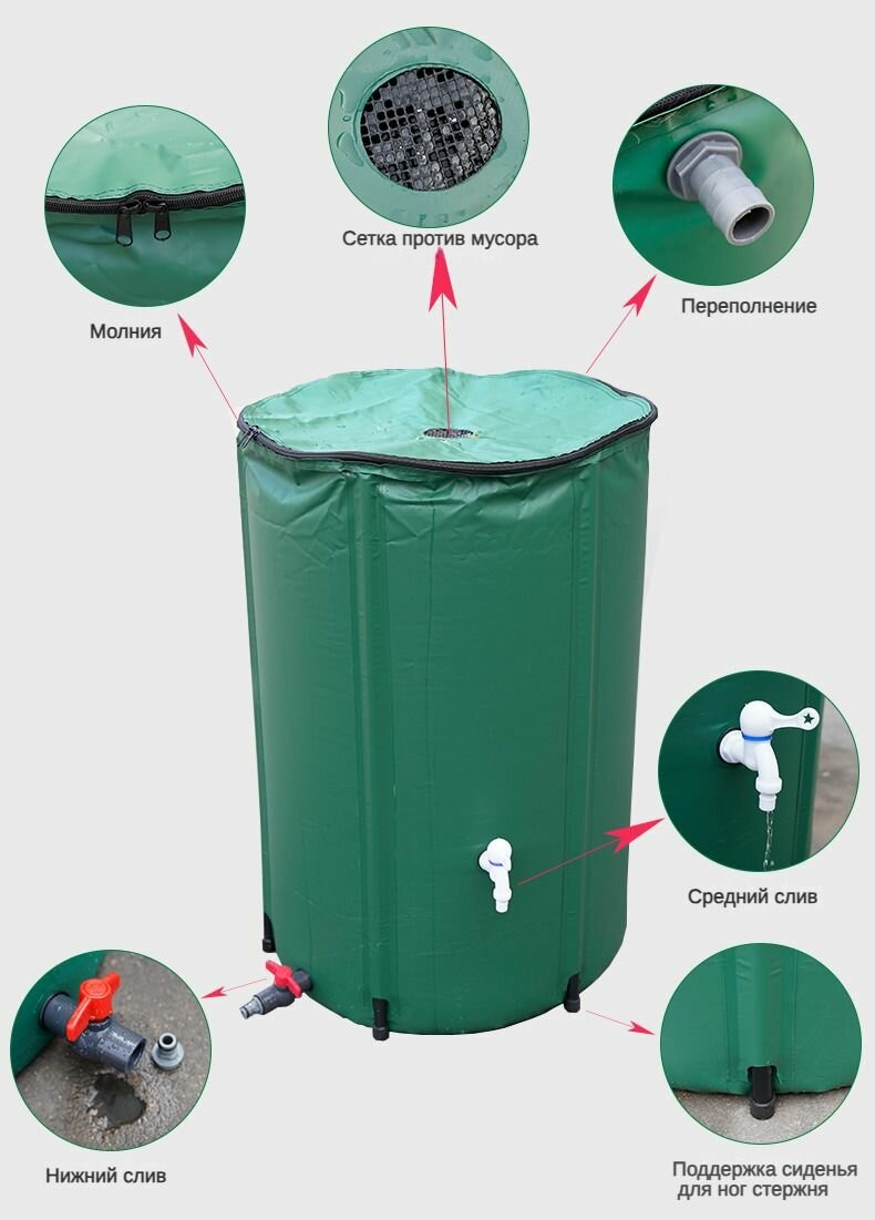 225 л Большая складная PVC бочка для воды, садовый резервуар, сбор дождя