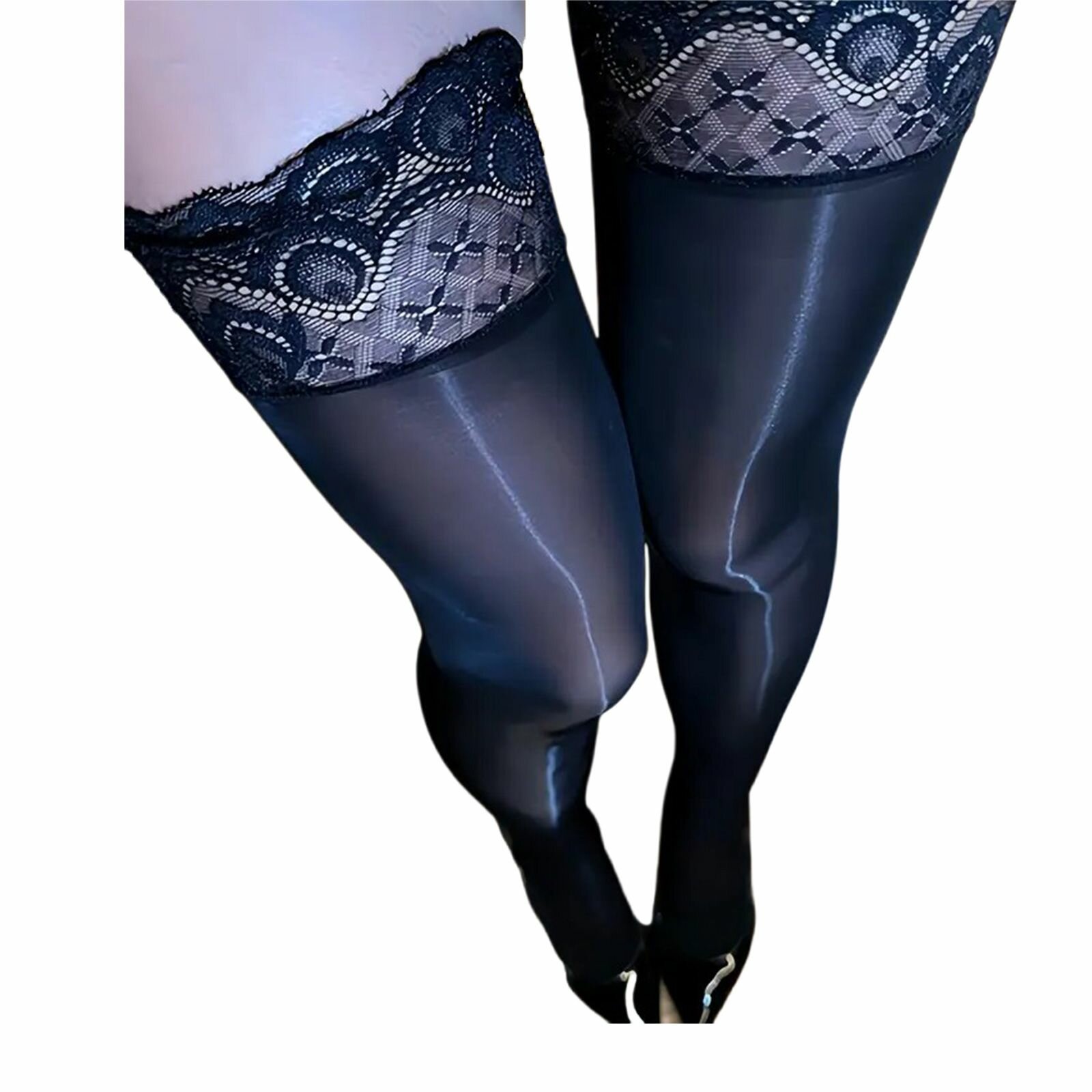 Блестящие эластичные чулки до колен с кружевной отделкой для женщин