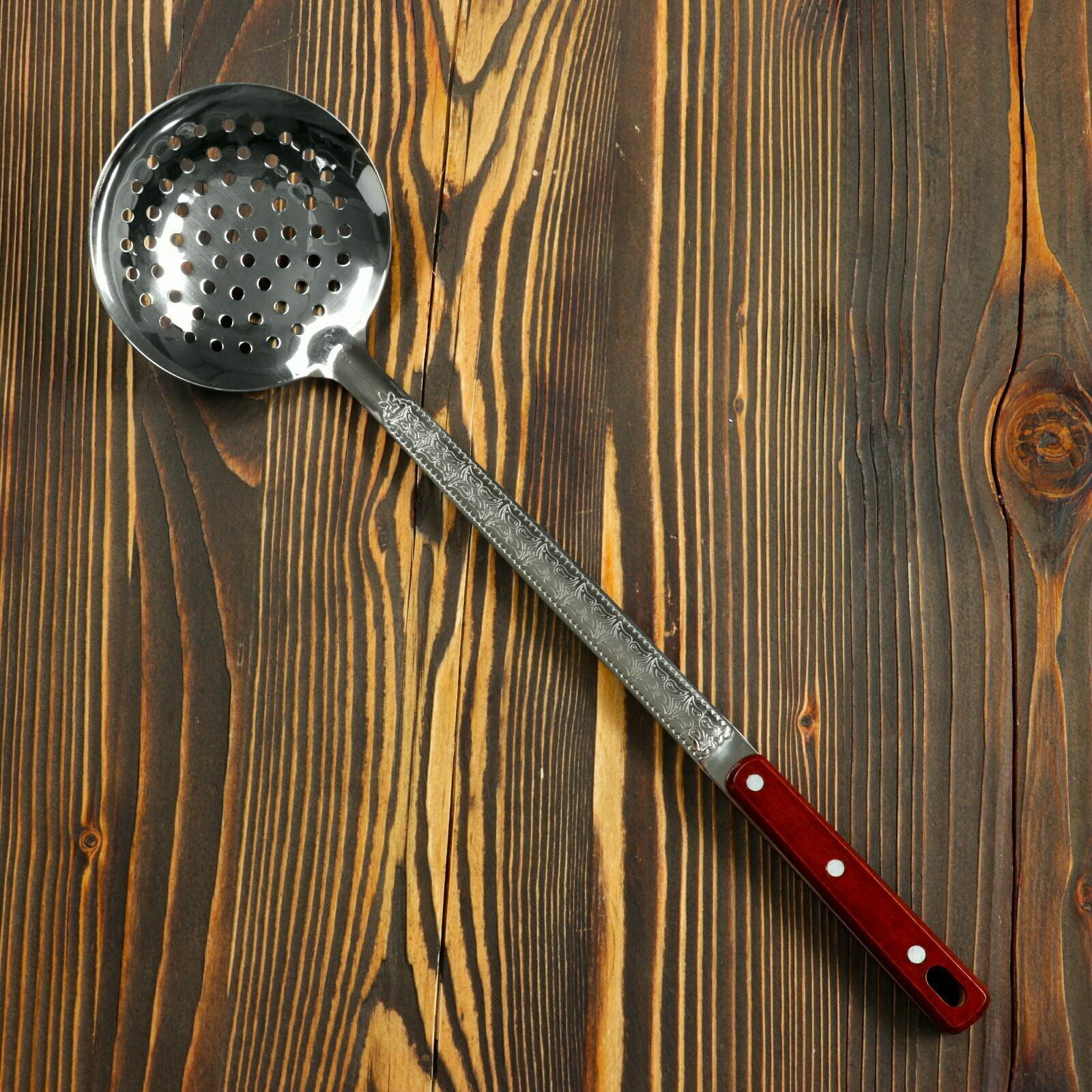 Шумовка для казана 46 см, глубокая, узбекская, с деревянной ручкой, металл