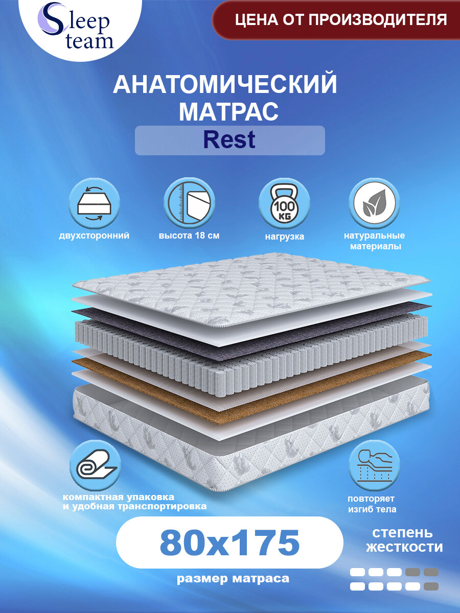 Матрас детский пружинный SleepTeam Rest 80х175, с независимыми пружинами, высота 20 см, односпальный