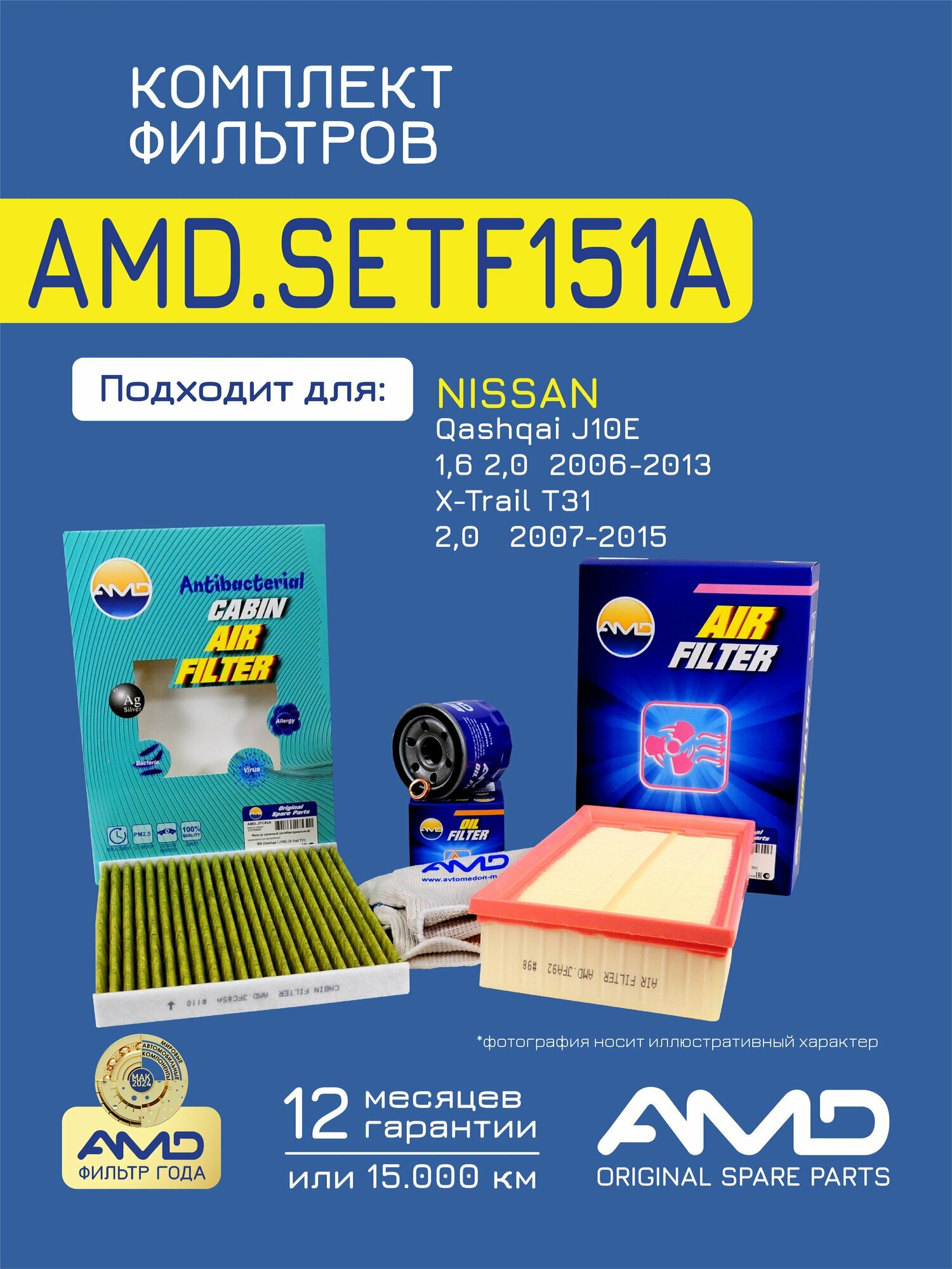 Комплект фильтров для NISSAN Qashqai J10E 1,6 2,0 -2013 X-Trail T31 2,0 2007- / AMD. SETF151A