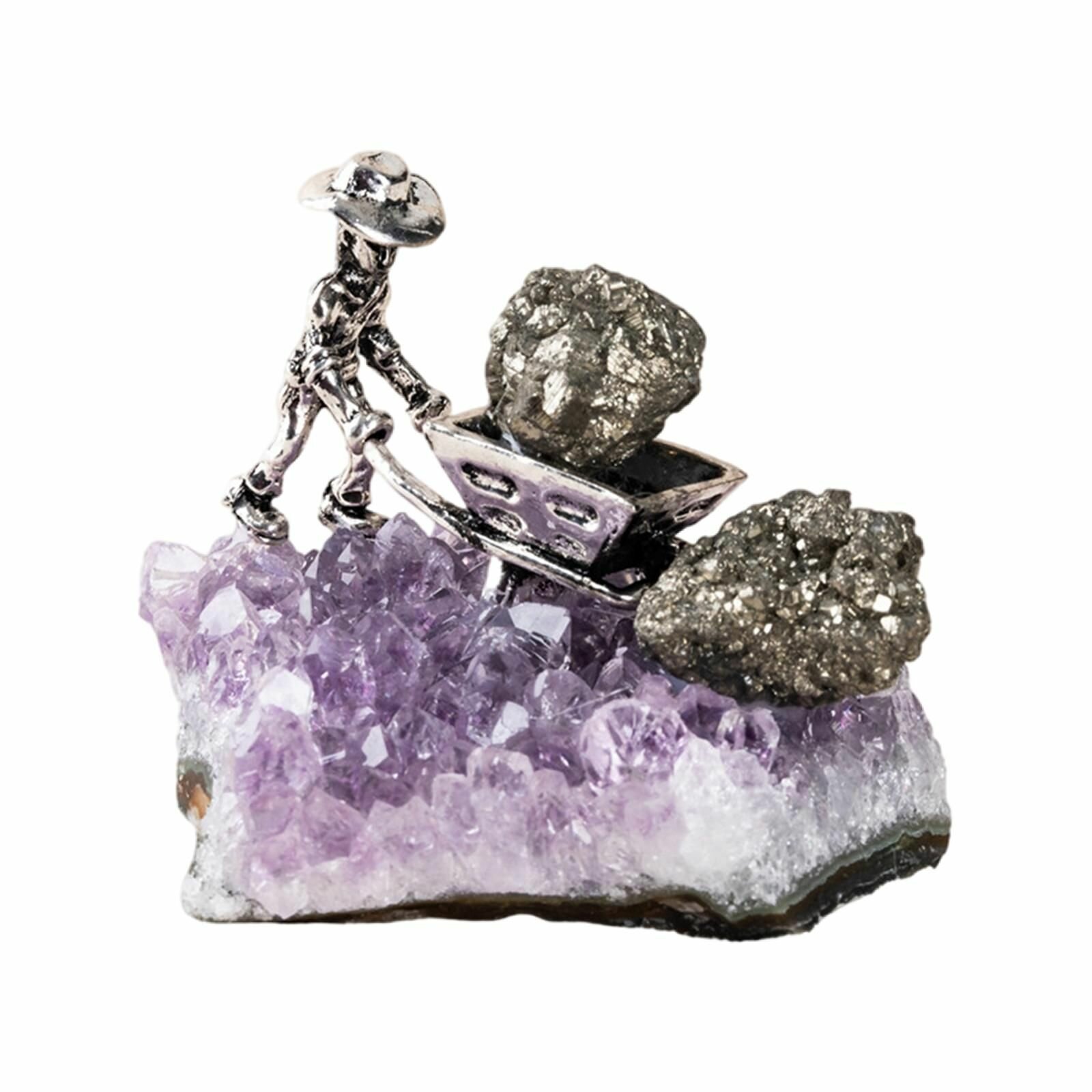 Натуральная аметистовая друза с фигуркой шахтера, кварцевый кристалл для декора дома и офиса, уникальный подарок