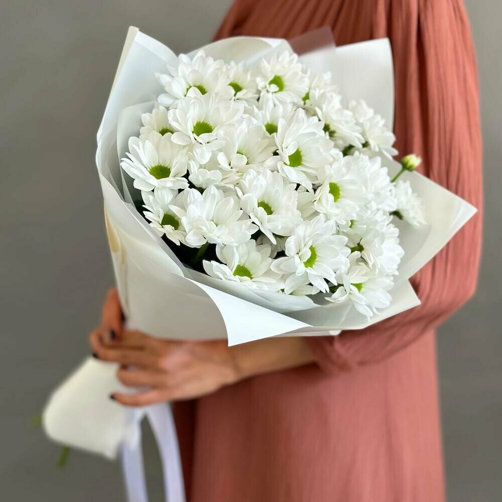 Букет цветов из хризантем ромашек в упаковке монобукет 5 веточек