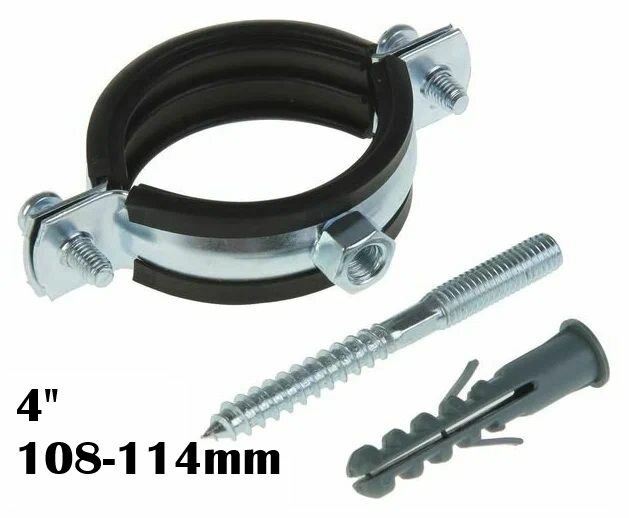 Хомут сантехнический 4" (108-114) М8 оцинкованный, с резиновым уплотнителем, с шурупом и дюбелем, для монтажа труб к стене