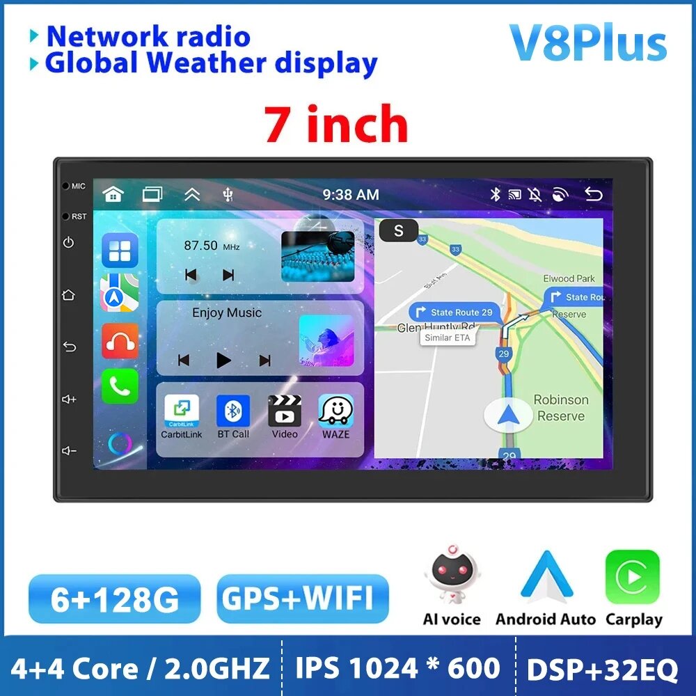 Podofo Android 12 Автомобильный радиоприемник Androidauto Carplay 2 Din GPS 7In 6 128G 2.0GHz