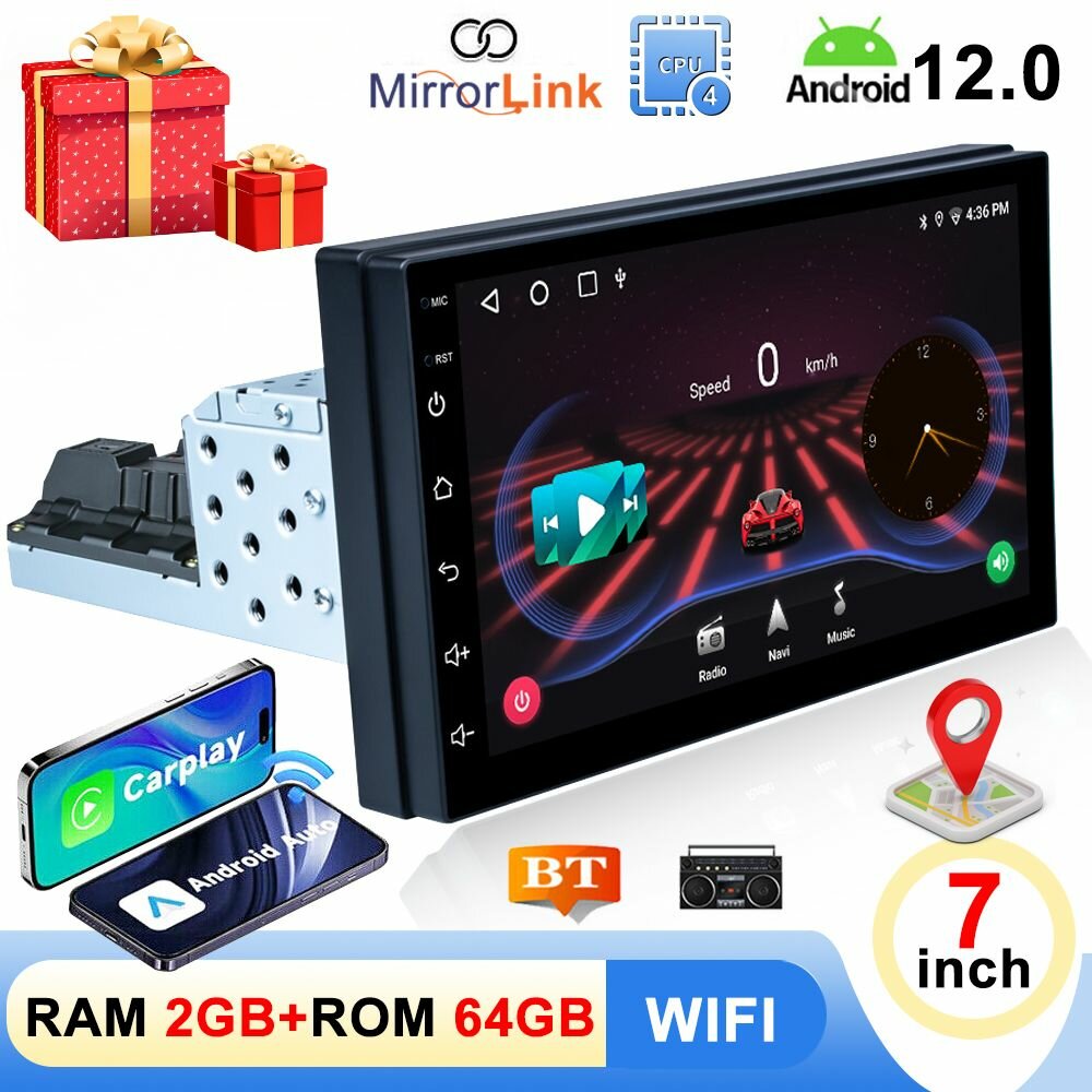 Магнитола для Автомагнито 1 DIN Android Auto Carplay 7-дюймовое головное устройство Android FM RDS WIFI