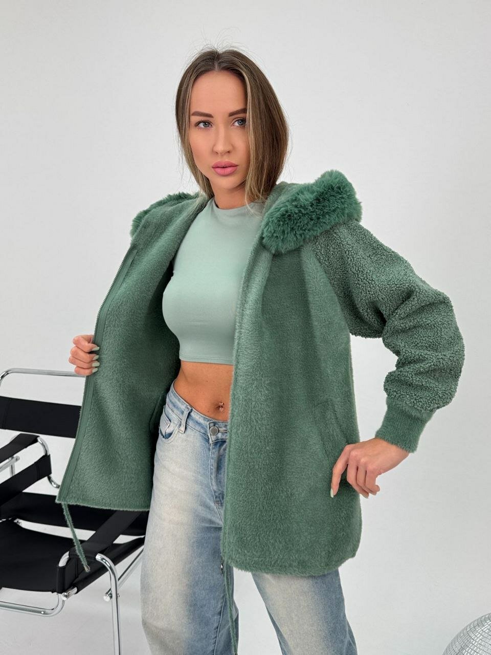 Кардиган  осенняя со съемным мехом 46-52