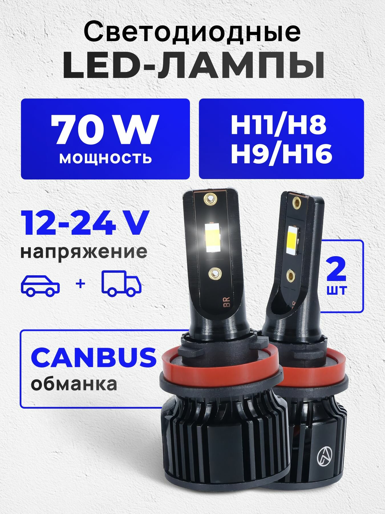 Автомобильные светодиодные LED-лампы ZMB, H11/H8, H9/H16, холодный белый свет, 70 Вт, 2 шт