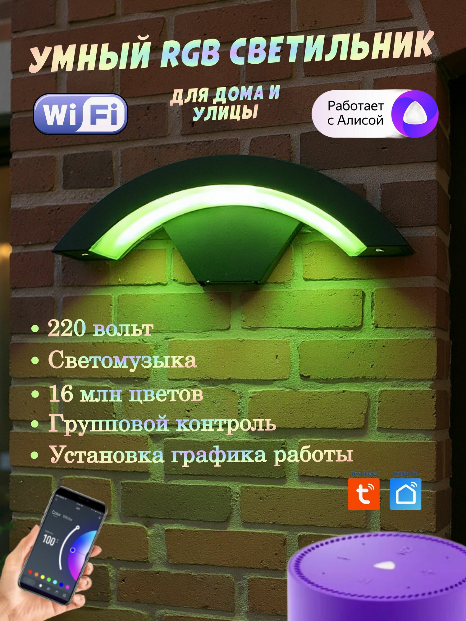 Умный уличный фасадный RGB светильник с Алисой wifi