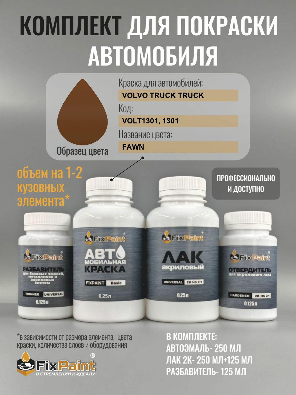 Комплект для покраски VOLVO TRUCK TRUCK, код VOLT1301, 1301, FAWN, базовая автомобильная эмаль 250 мл, лак 2K 250 мл с отвердителем, разбавитель 125 мл, FixPaint Pro