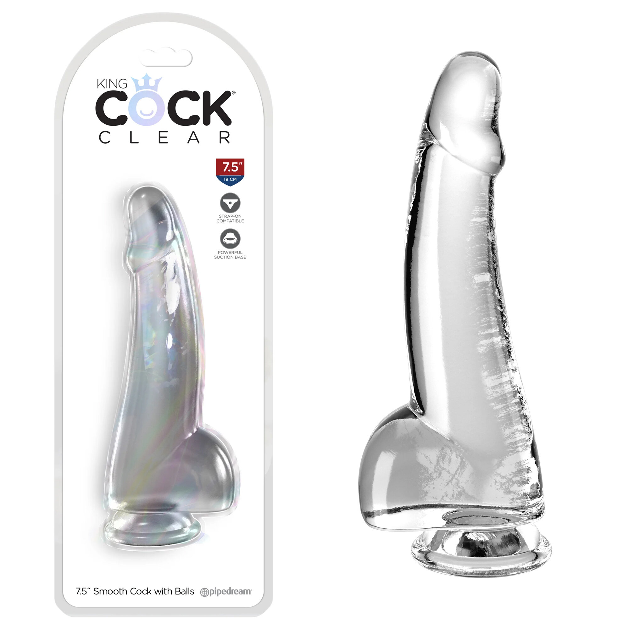 King Cock Clear, Cock with Balls 7.5" Фаллоимитатор с мошонкой, прозрачный (19, Ø 4.5 см)