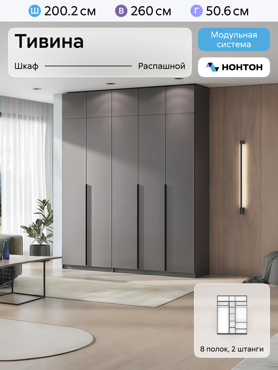 Комплект распашных шкафов для одежды Нонтон Тивина, с антресолью, 2 шт, 200 см, 8 полок и 2 штанги, графит серый