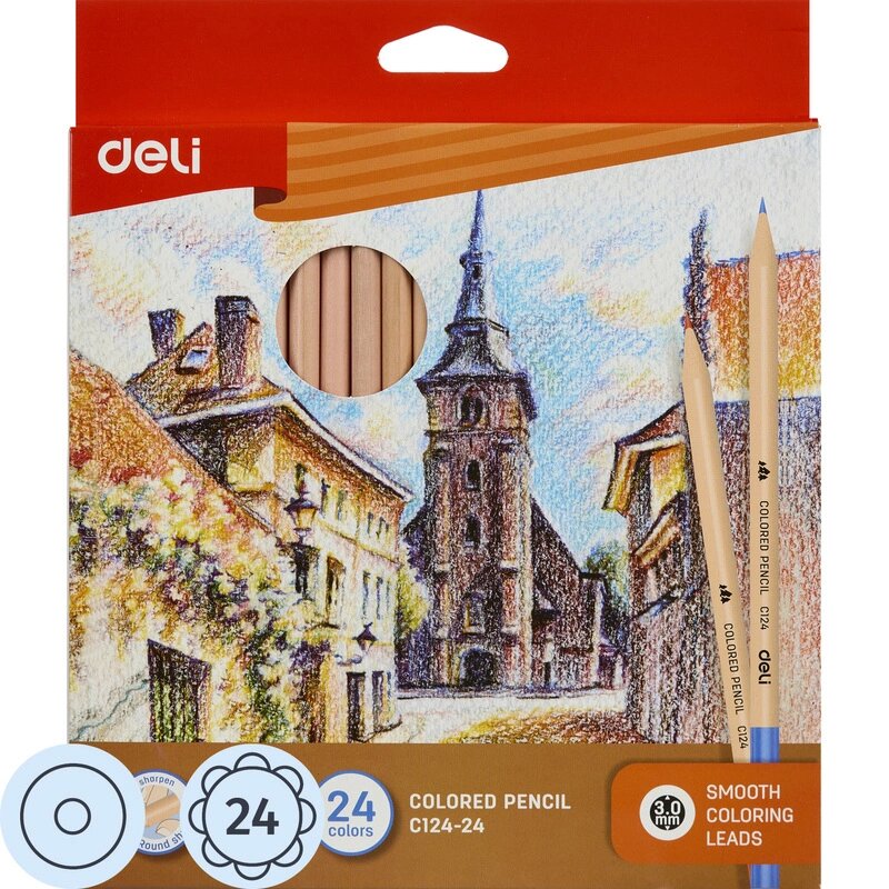 Карандаши цветные Deli 3,0 мм заточен, корп. дерев. 24цв/наб 24C CC124-24